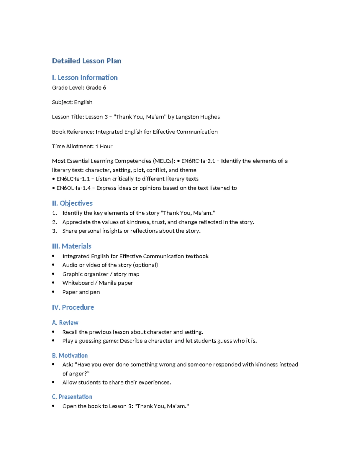 Grade 6 English Lesson Plan: Understanding Pronouns - Studocu