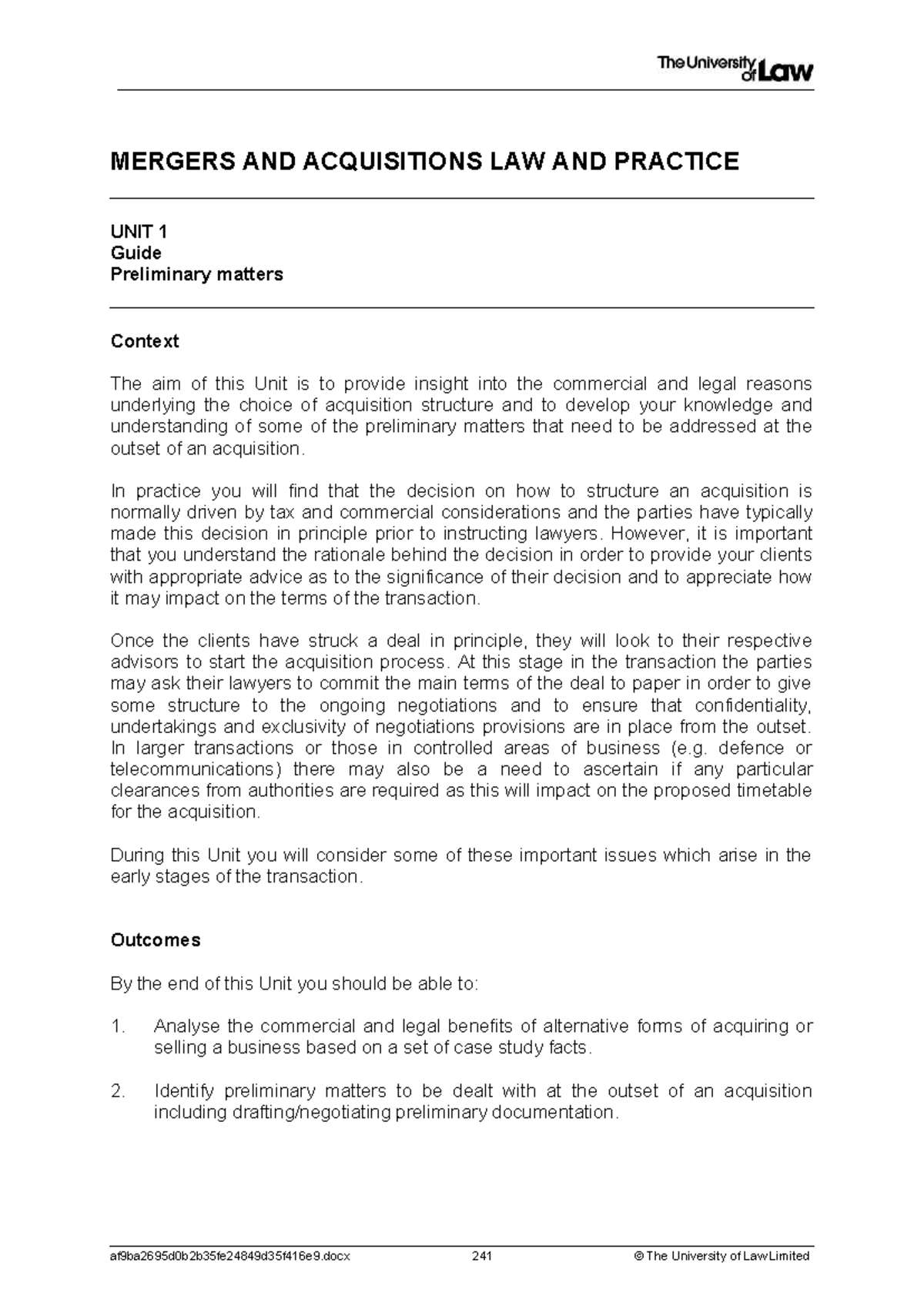 Mergers & Acquisitions Law: Unit 1 Guide on Preliminary Matters - Studocu