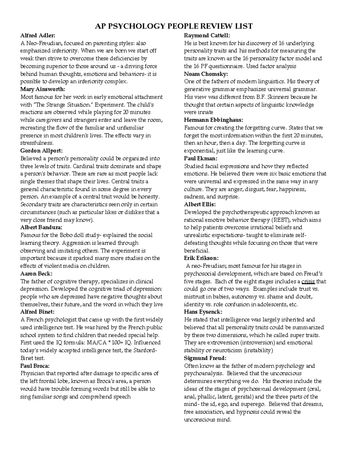AP Psychology Key Figures Review List and Theories Summary - AP ...