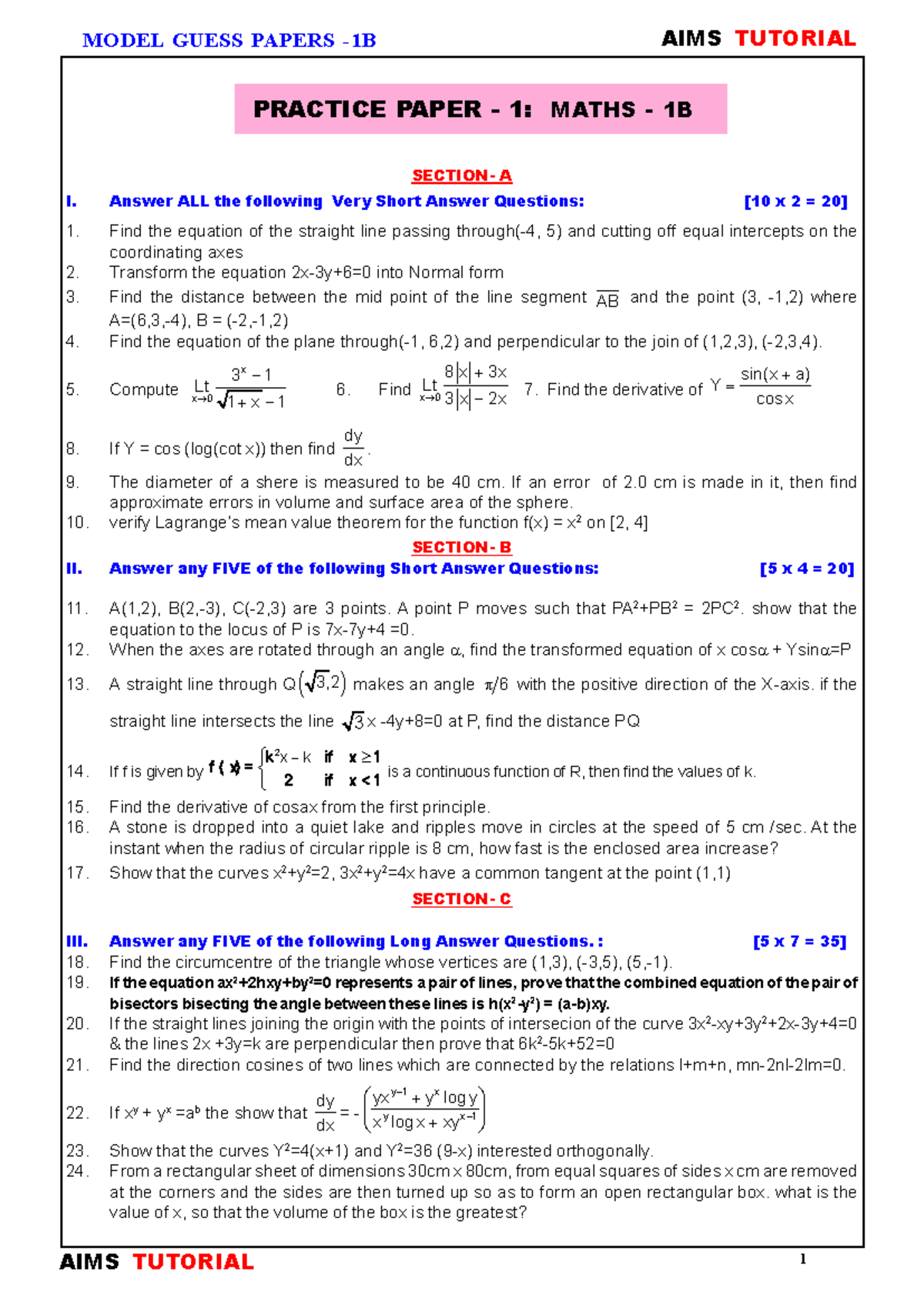 AIMS TUTORIAL MODEL GUESS PAPERS PRACTICE PAPER 1: MATHS 1B 2025 - Studocu