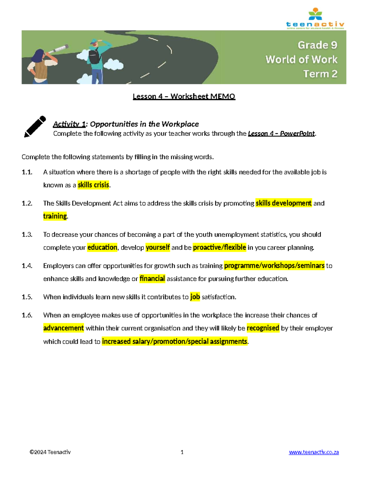 Lesson 4 Worksheet MEMO: Opportunities in the Workplace Activities ...