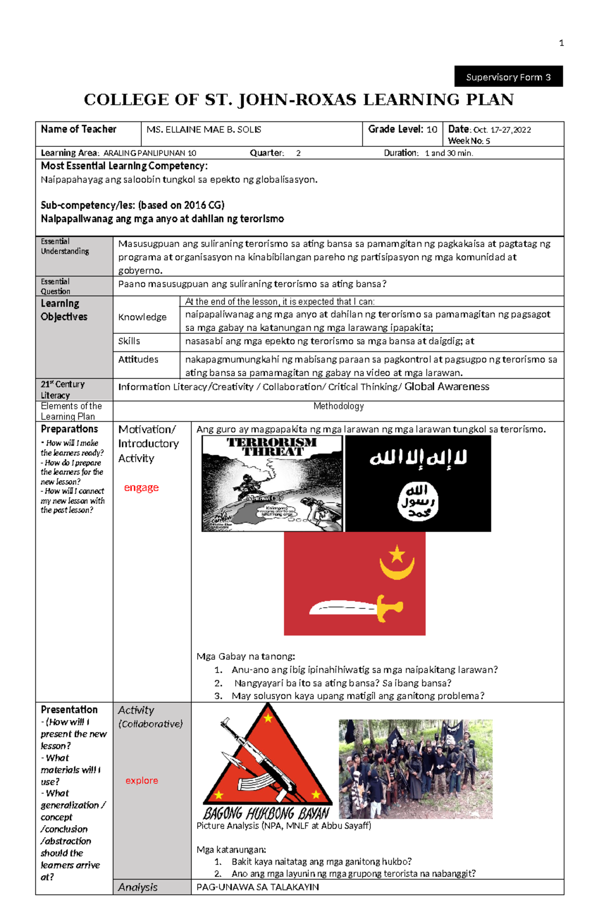 GR - Lesson Plan on Globalization and Terrorism in Araling Panlipunan ...
