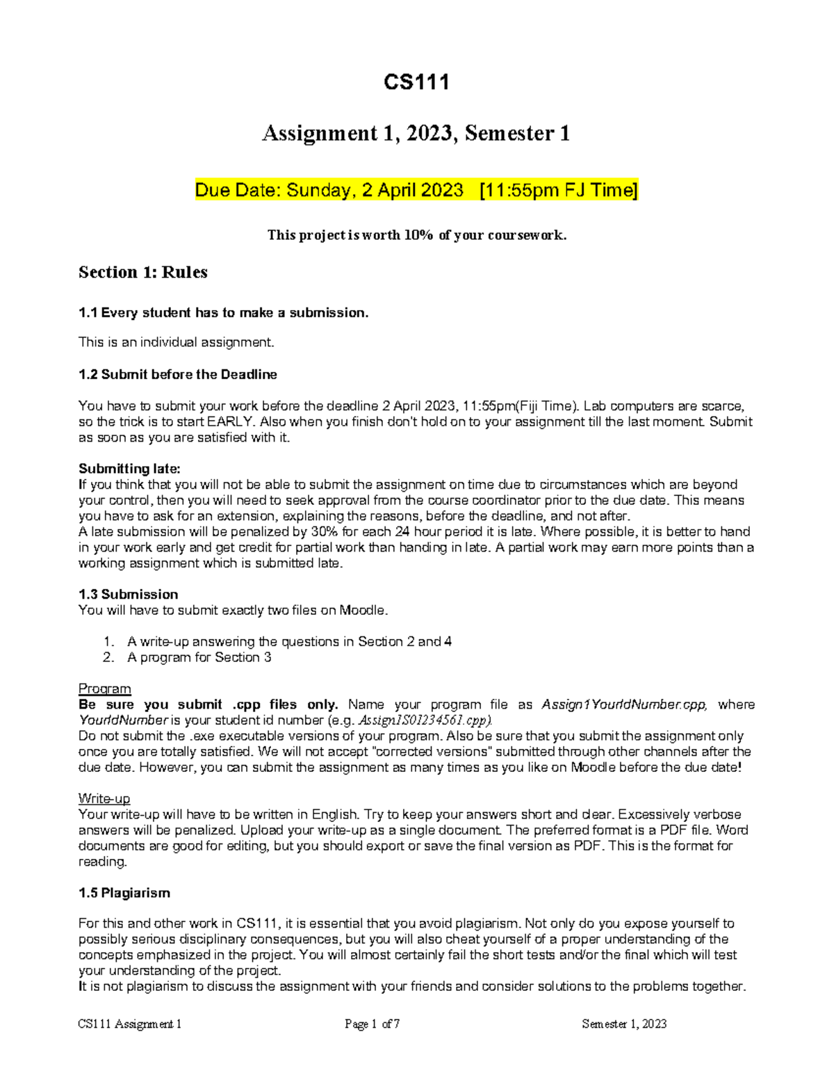 CS111 Assignment 1 Guidelines - Semester 1, 2023 - Studocu