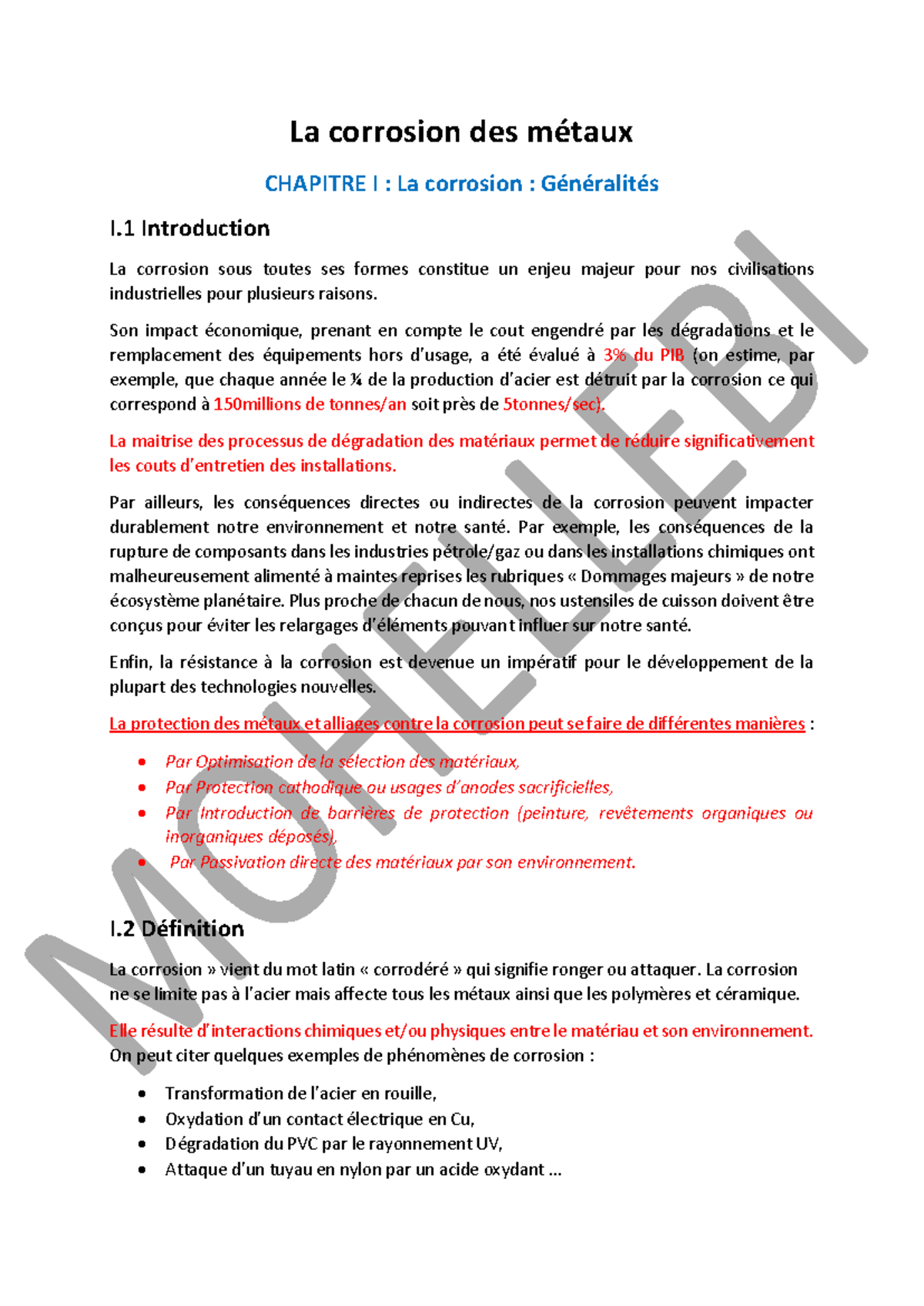 Corrosion des Métaux - Chapitres I et II : Généralités et ...