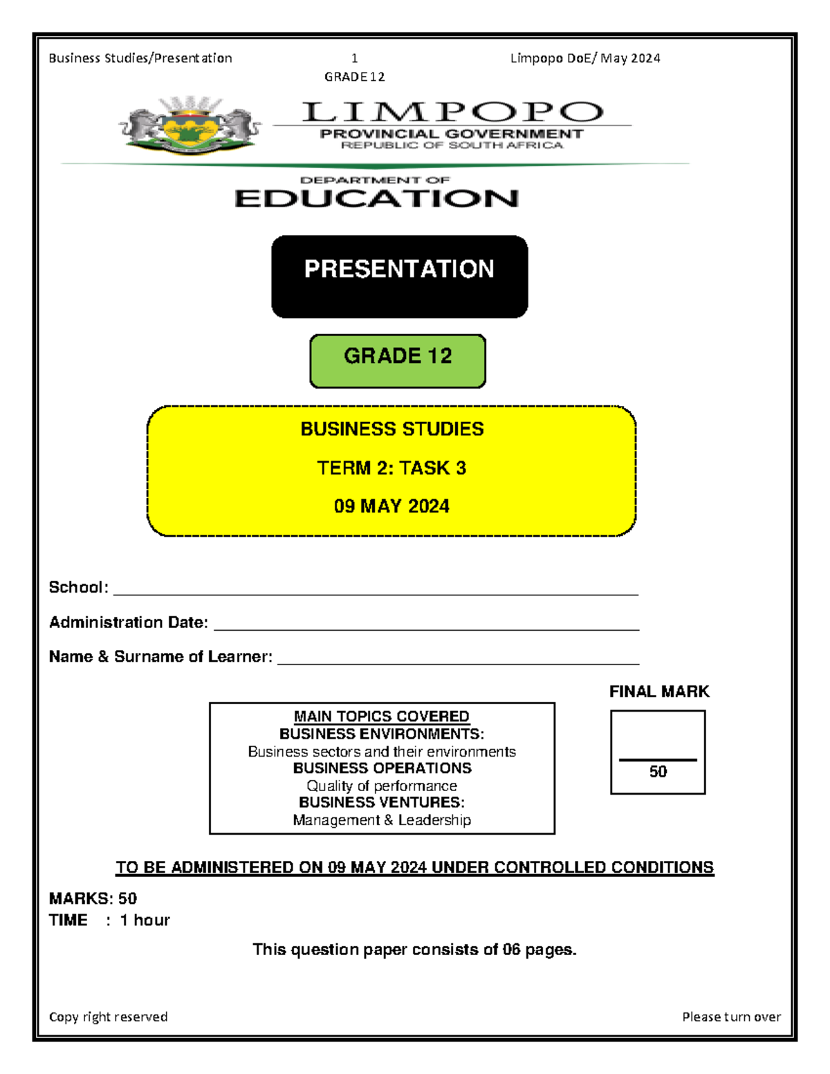 2024 BSTD Grade 12 Business Studies Presentation QP - May Task - Studocu