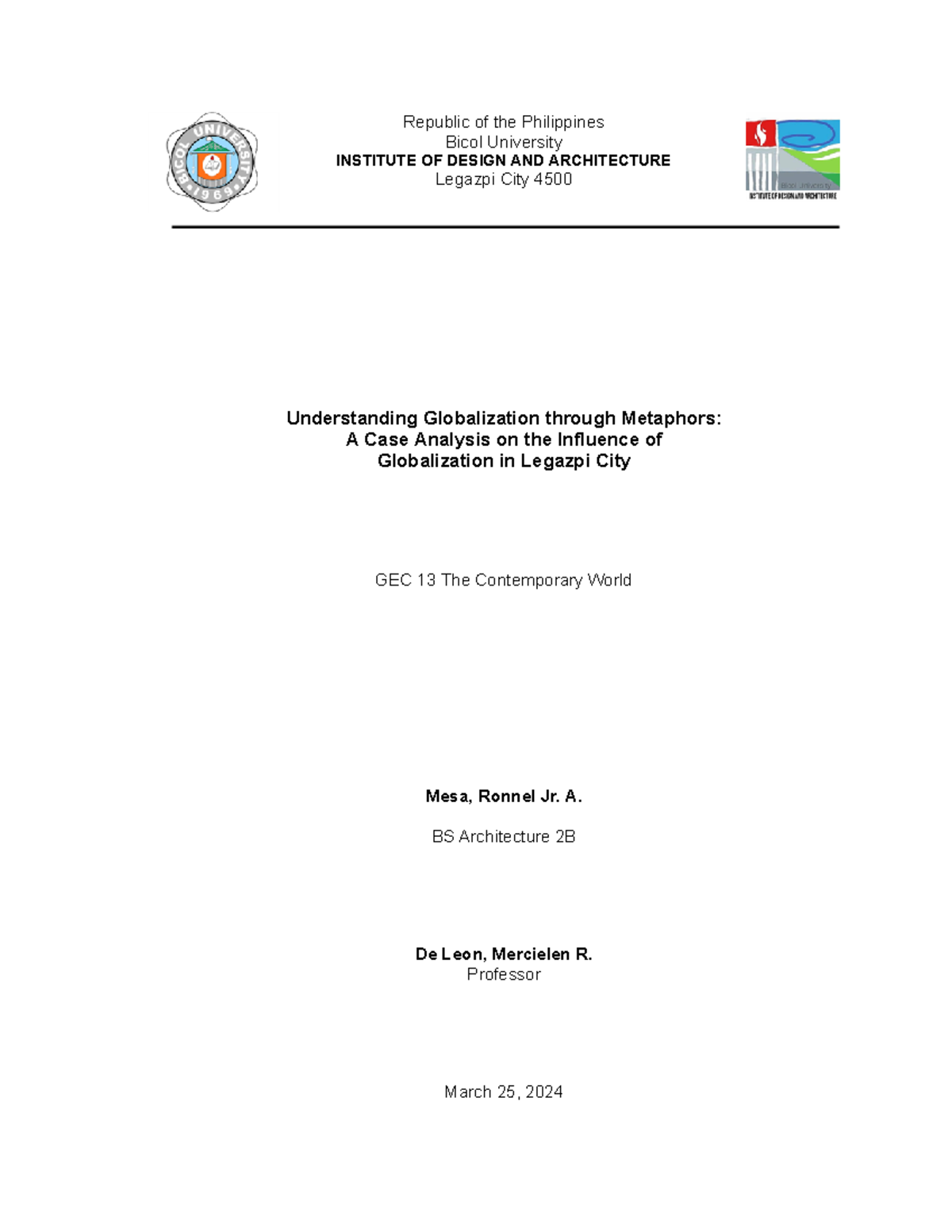 GEC 13 Case Study: Globalization's Impact on Legazpi City - Studocu