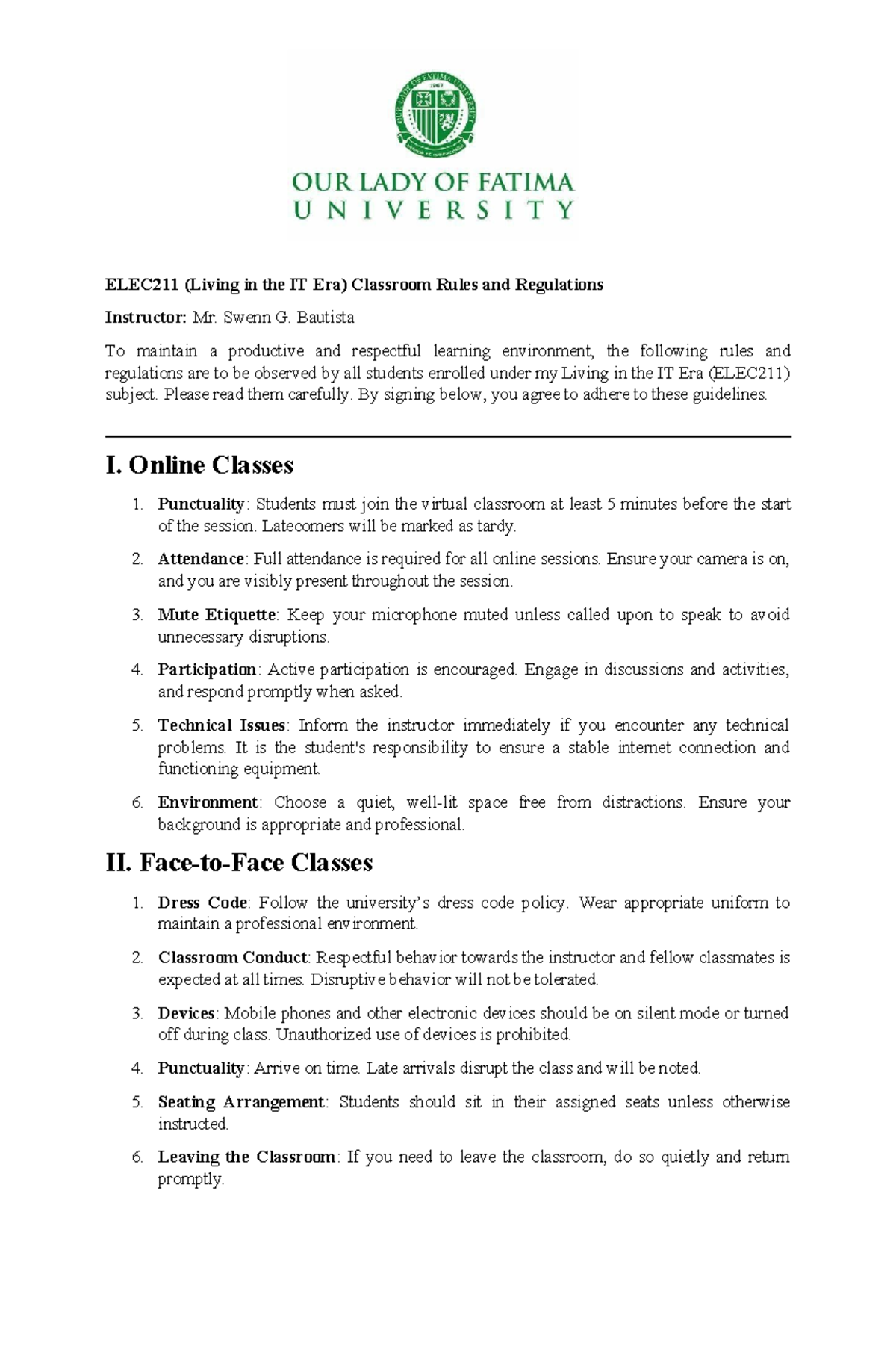 ELEC211 Classroom Rules & Regulations for Online Learning - Studocu