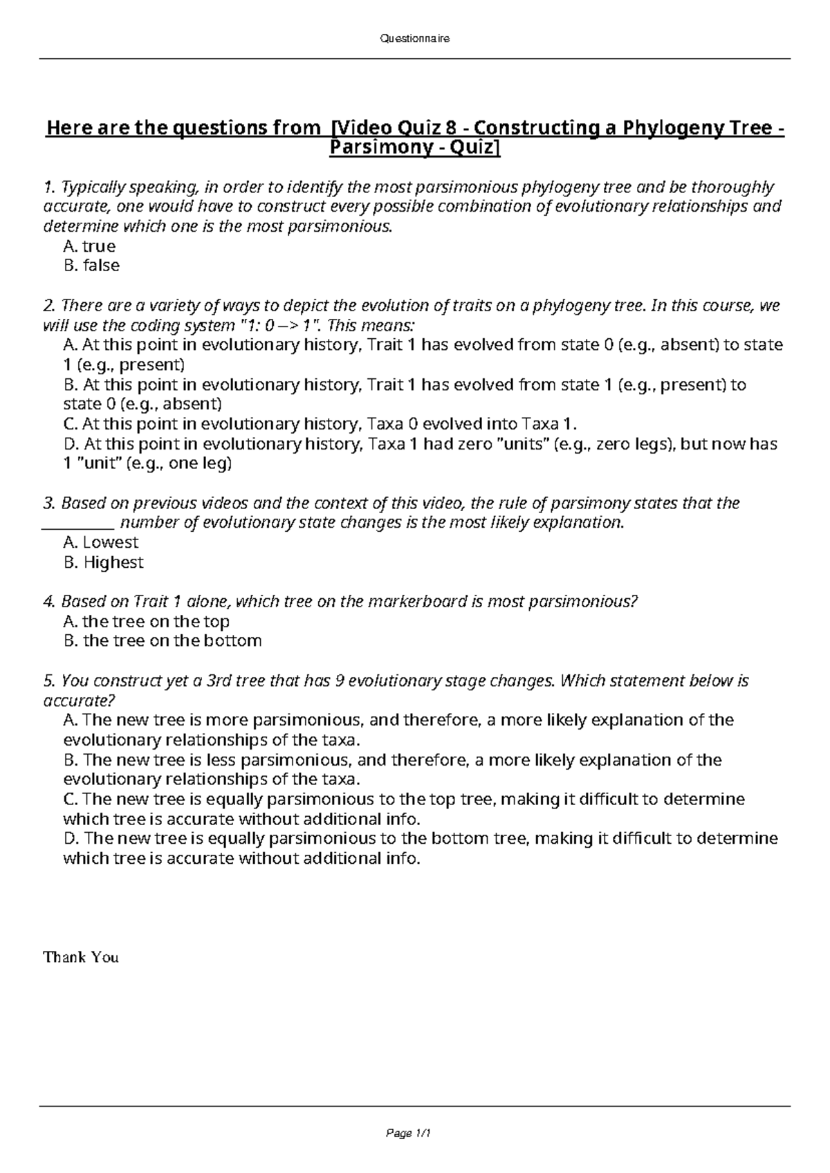 Video Quiz 8: Constructing a Phylogeny Tree - Parsimony - Studocu