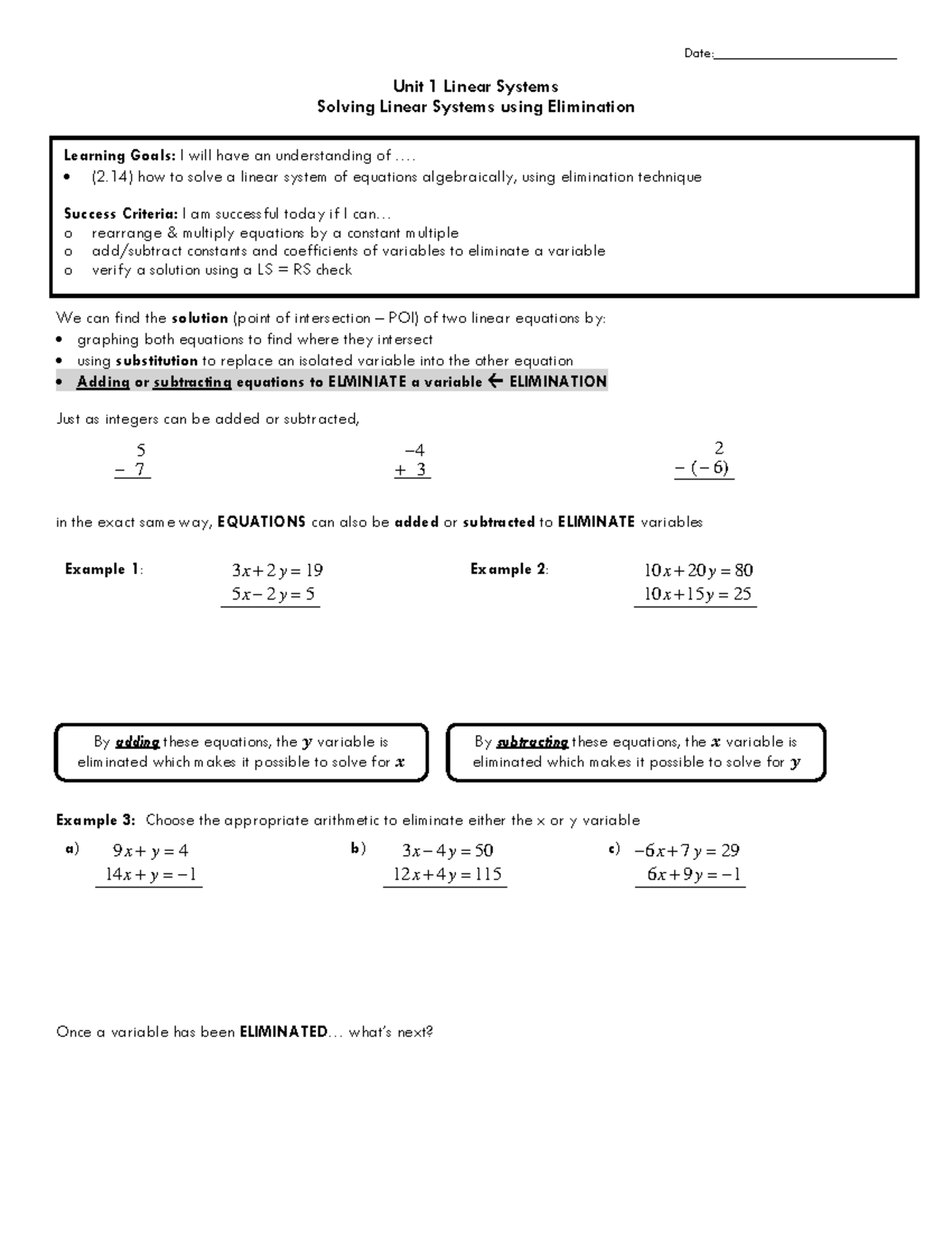 Unit 1: Solving Linear Systems via Elimination (Math 2.14) - Studocu