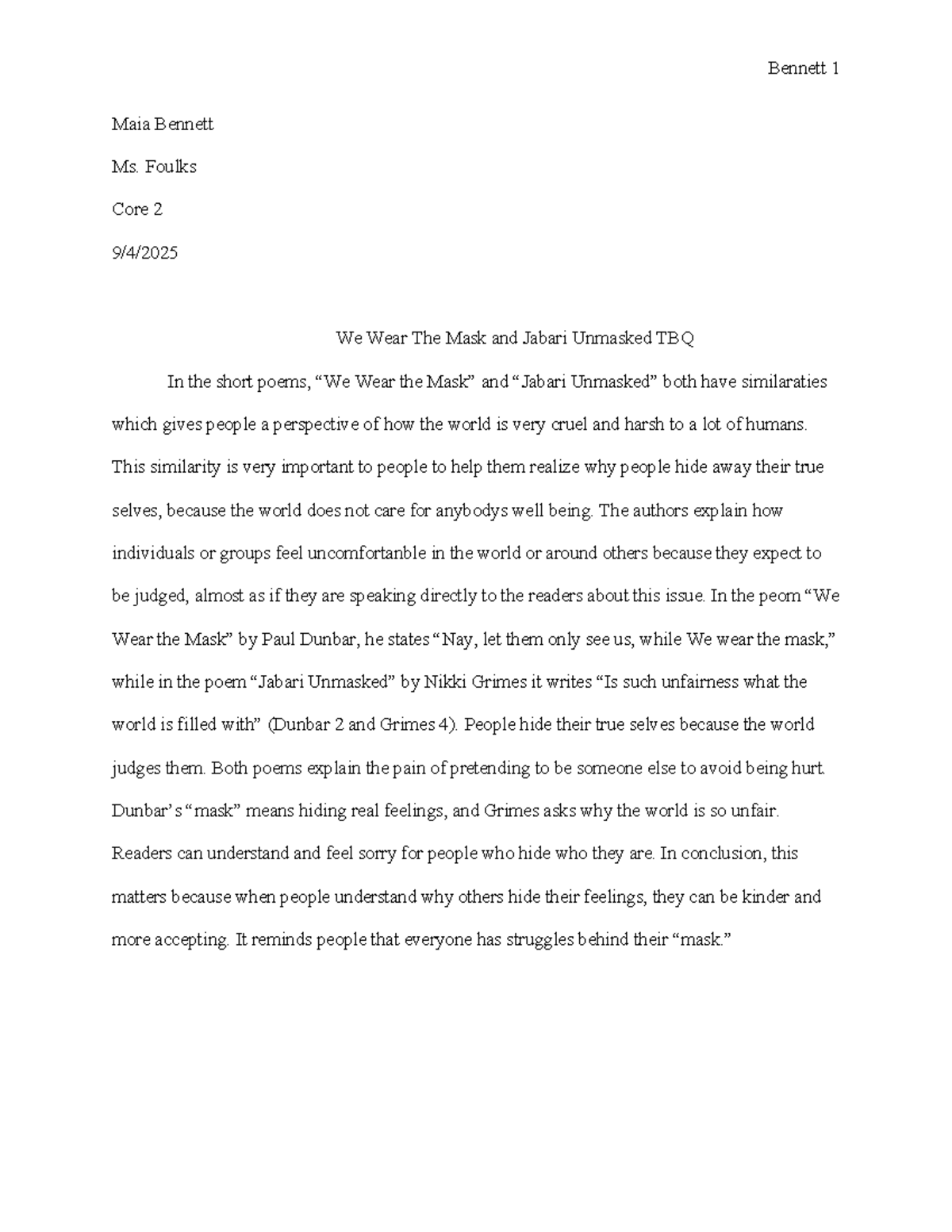 Core 2 Essay: Analyzing "We Wear The Mask" & "Jabari Unmasked" - Studocu