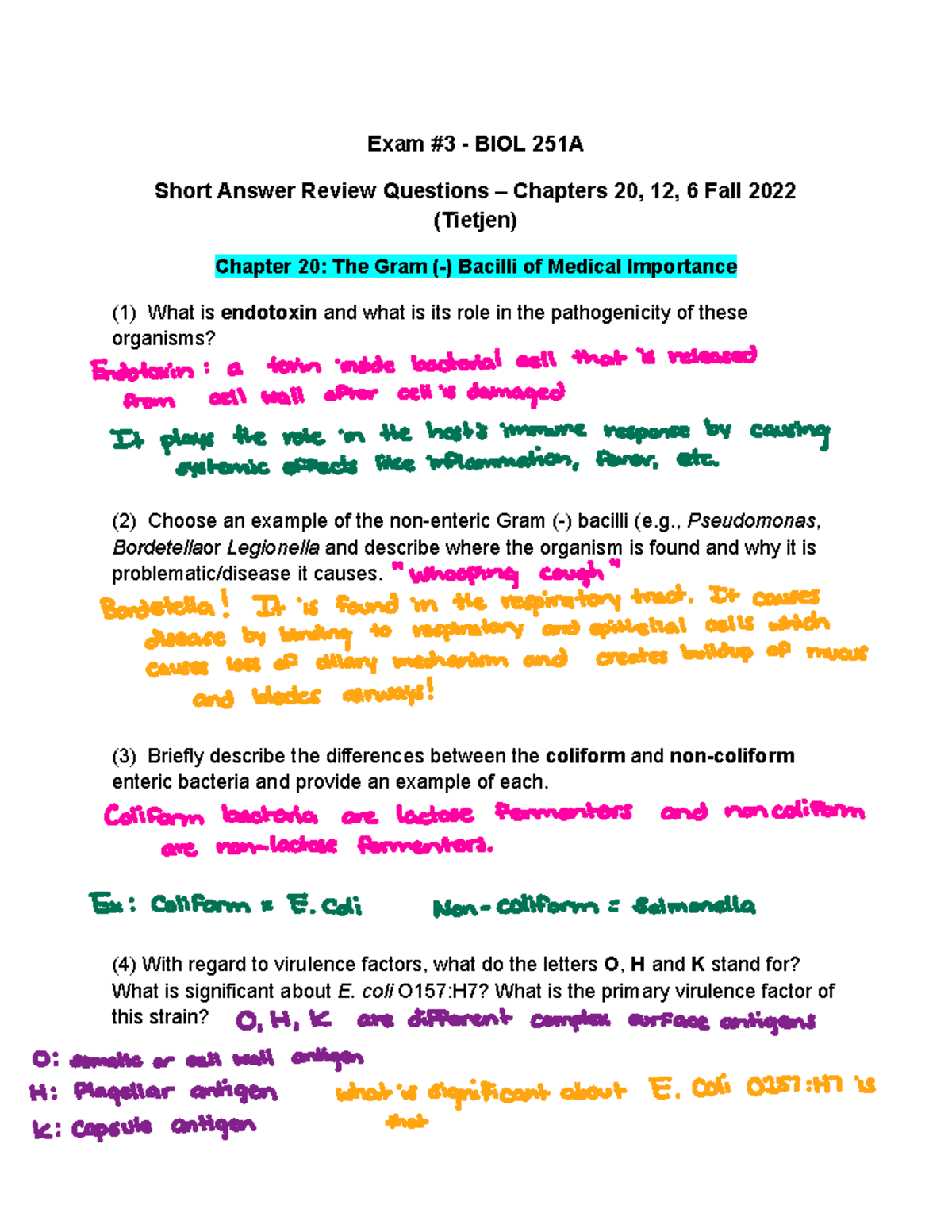 Microbiology 251 Ch. 1, 6,12,20 Review - Exam #3 - BIOL 251A Short ...