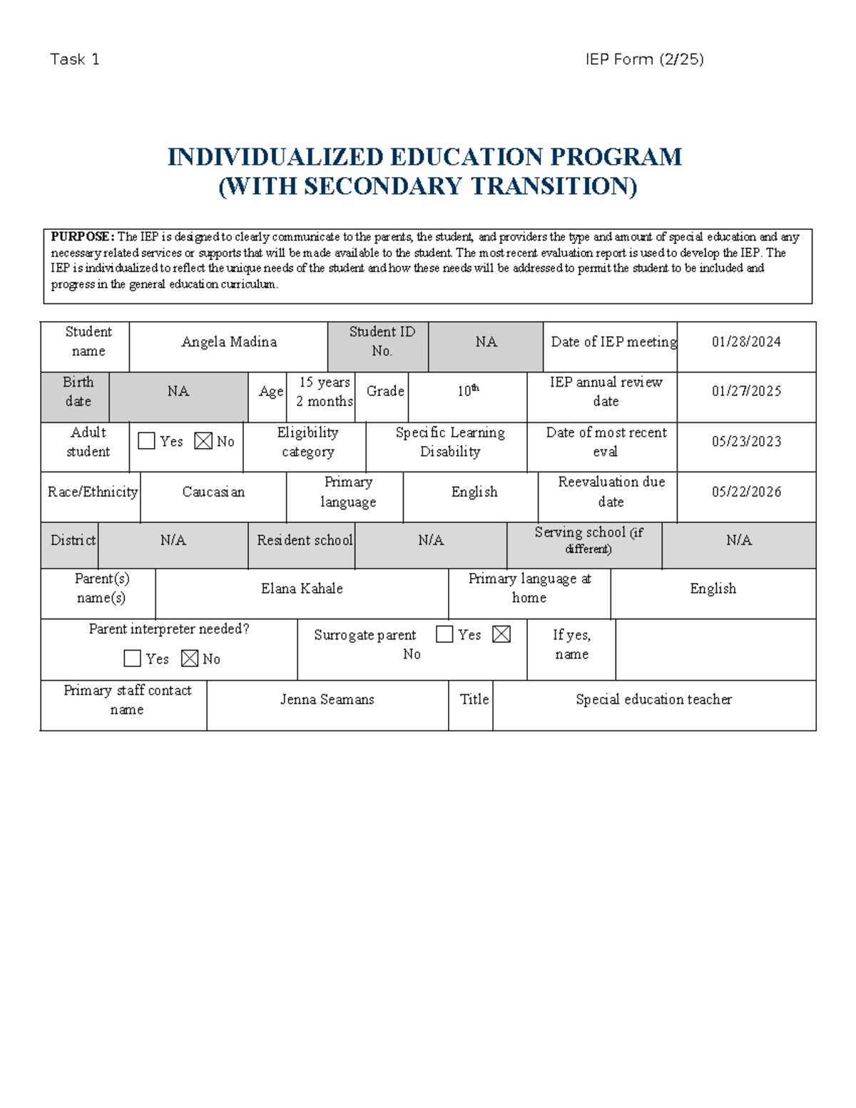 Task 1 IEP Form: Individualized Education Program for Angela Madina ...