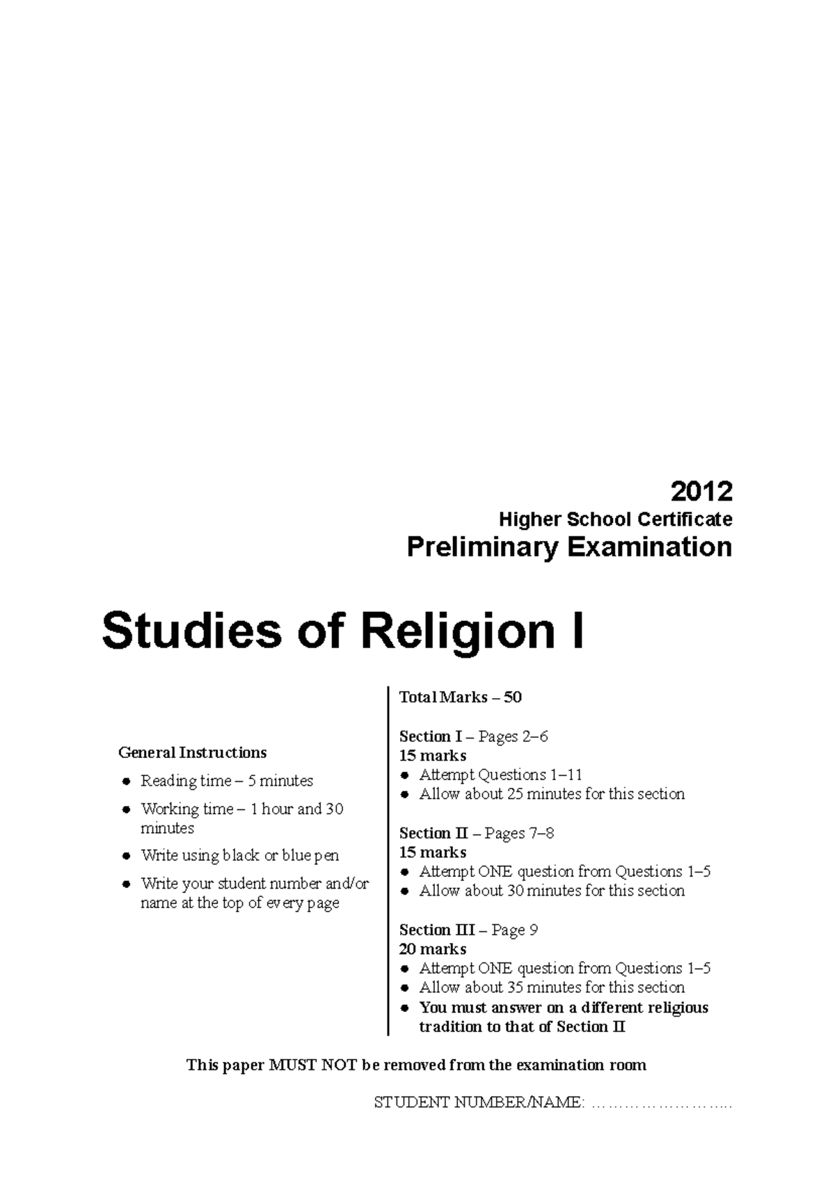 2012 HSC Studies of Religion I Preliminary Exam Questions - Studocu