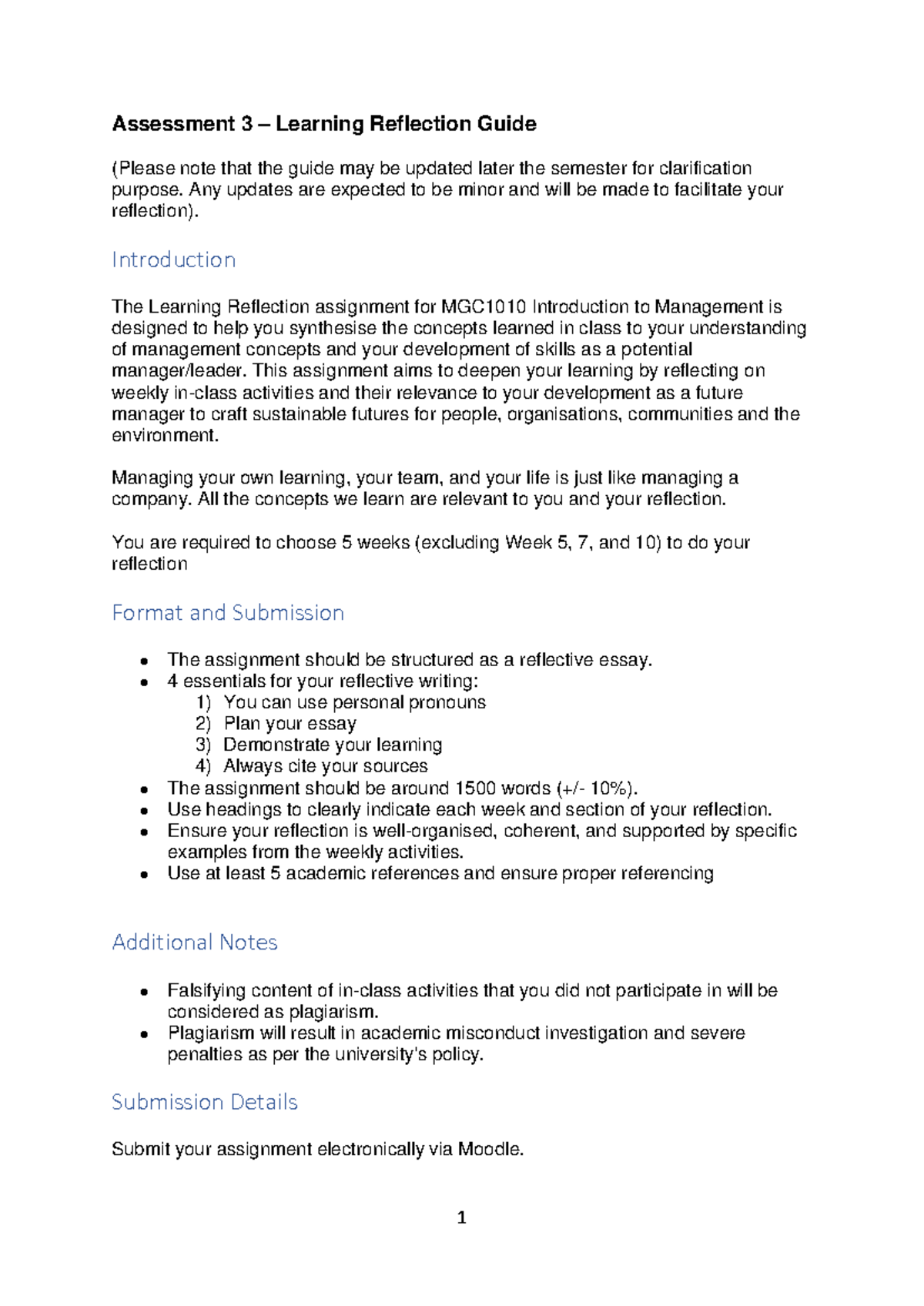 MGC1010 Assessment 3 - Learning Reflection Guide for Future Managers ...