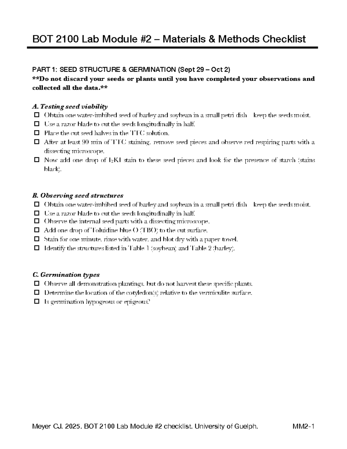 BOT 2100 Lab Module 2 Methods Checklist: Seed Structure & Germination ...