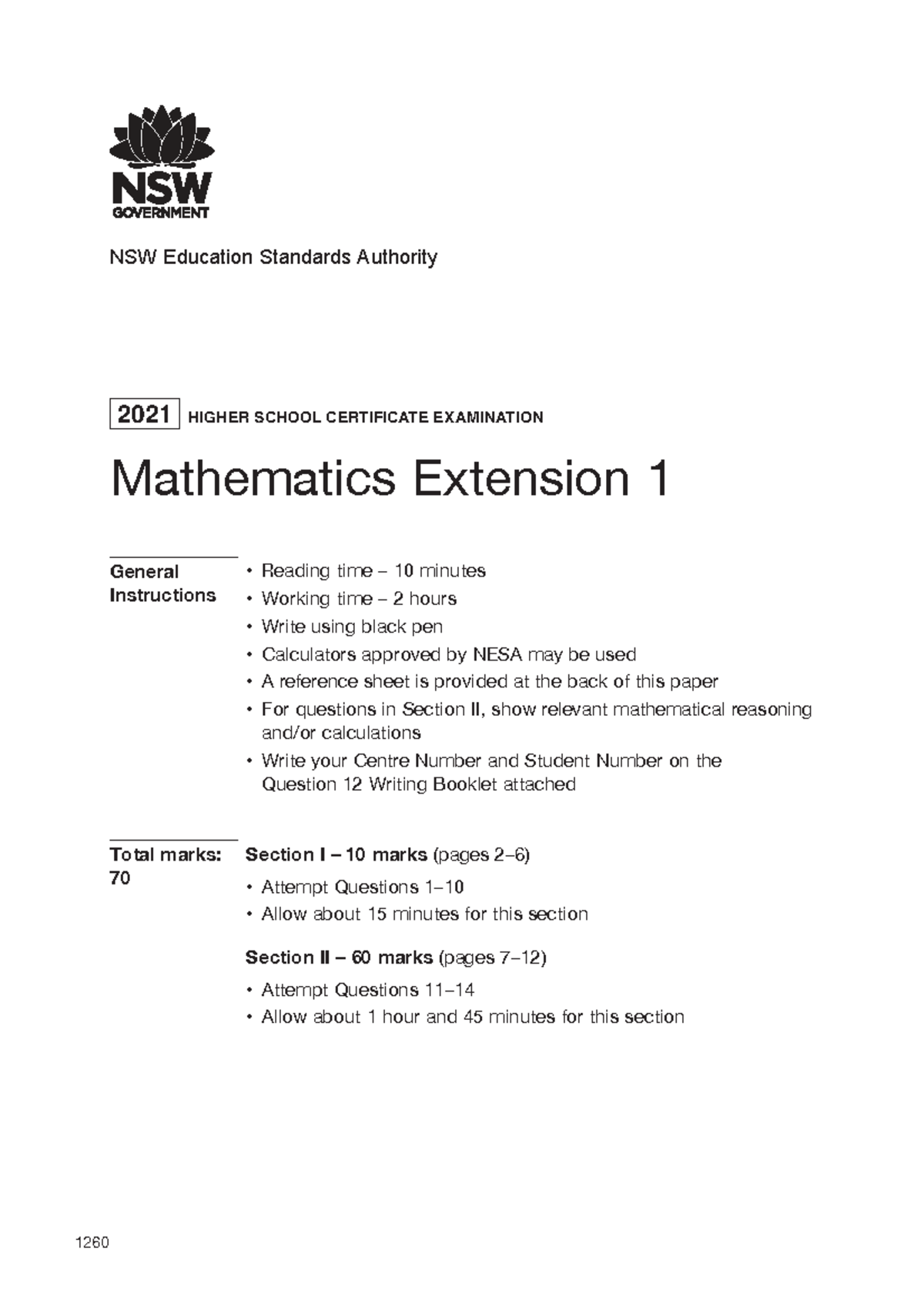 2021 HSC Mathematics Extension 1 Exam Instructions and Questions - Studocu