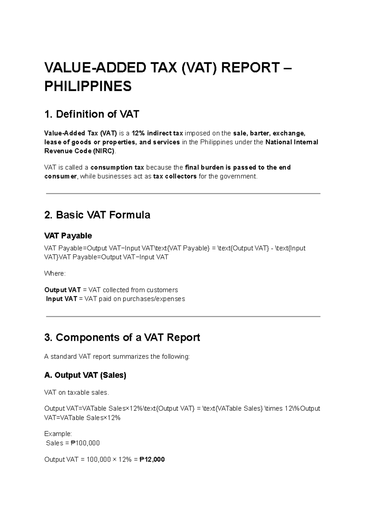 TAX (VAT) REPORT PHILIPPINES: Overview & Sample Format - Studocu