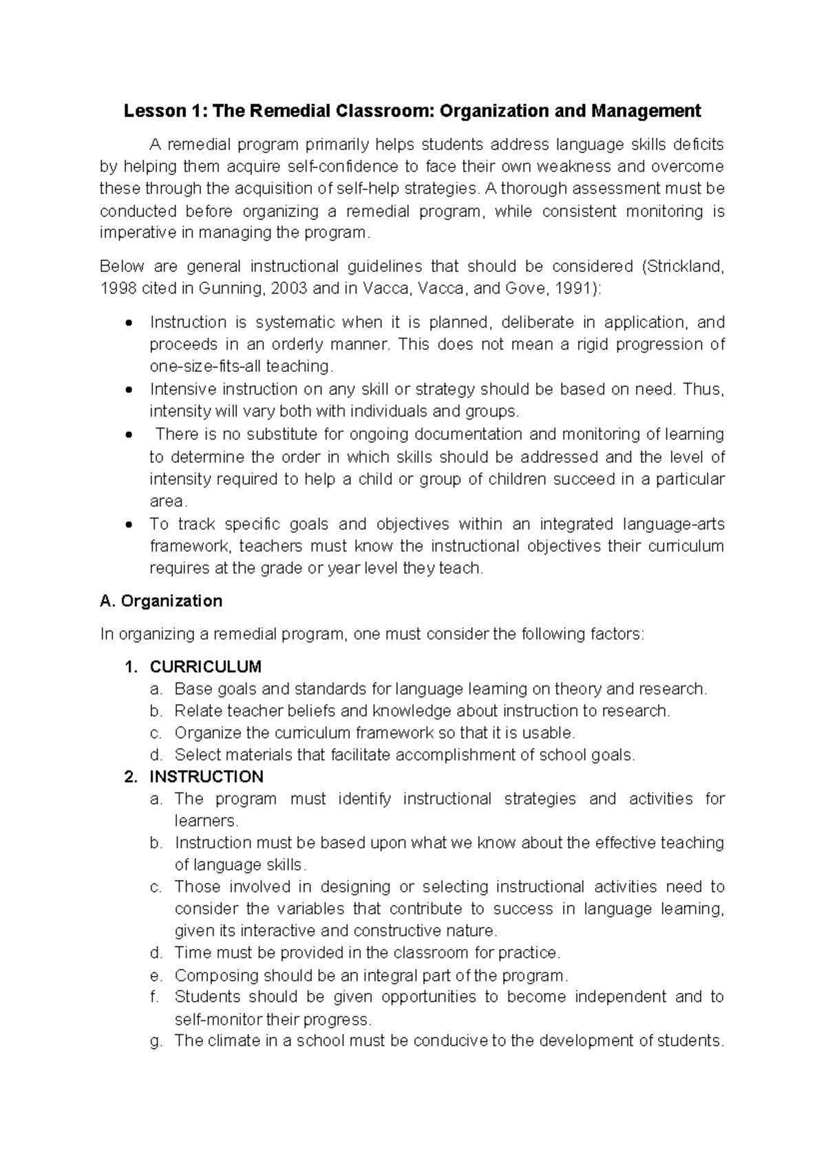 Lesson 1: Organization & Management of the Remedial Classroom - Studocu
