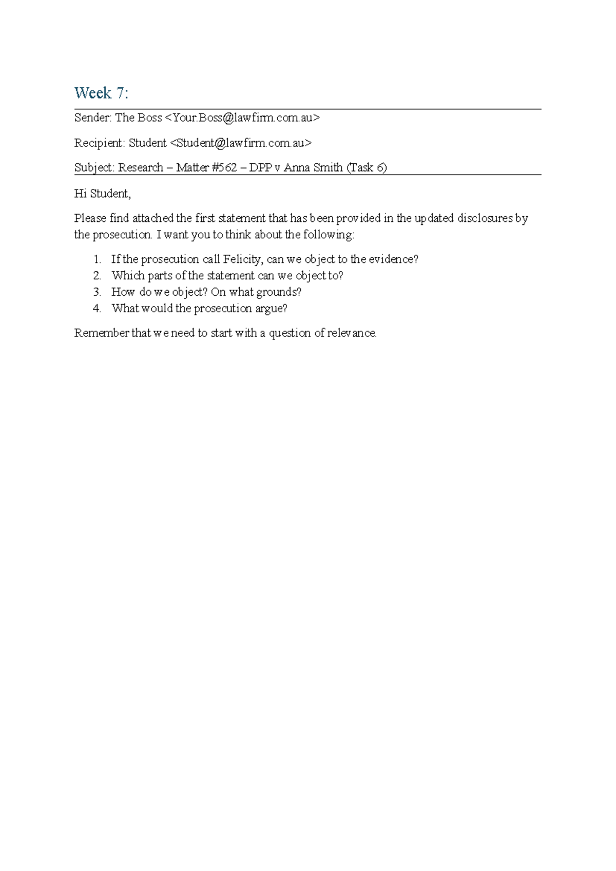 Week 7: Research Matter DPP v Anna Smith - Prosecution Evidence ...