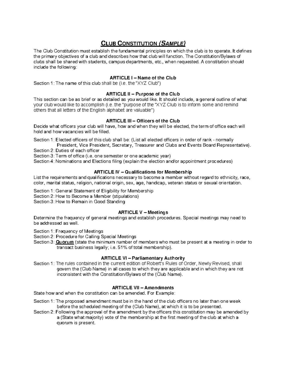 Sample Club Constitution Document for Student Organizations - Studocu