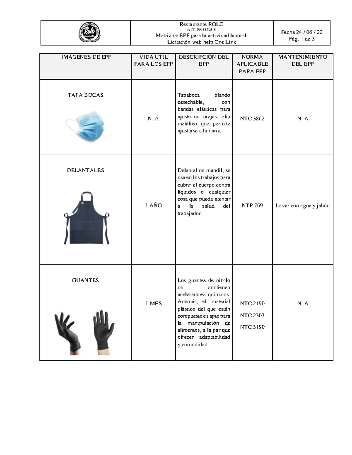 Matriz de EPP para Restaurante ROLO - Normas y Mantenimiento - Studocu