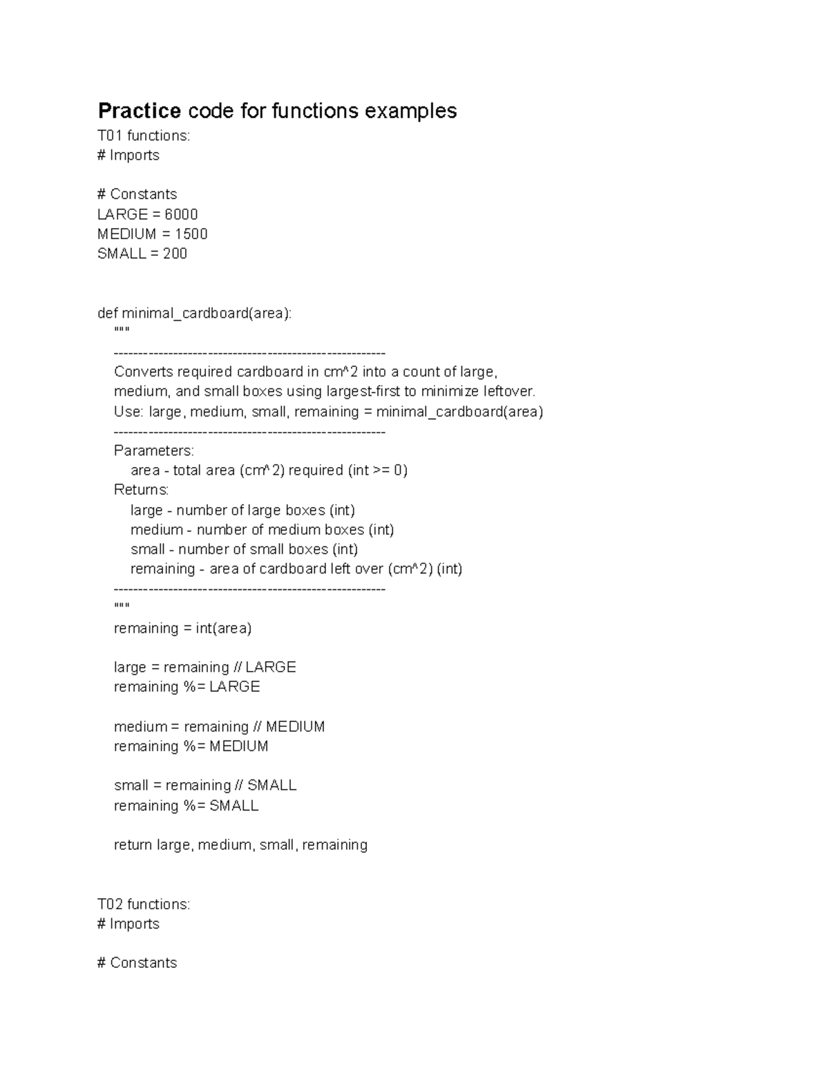 Practice Code for Functions Examples T01-T05 - Studocu