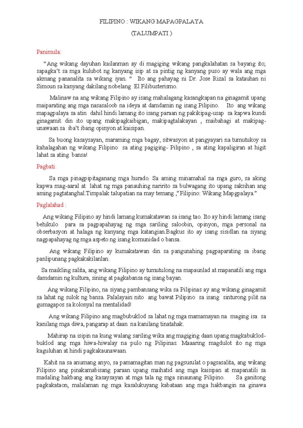 Piyesa SA Bigkas Talumpati: Filipino Bilang Wikang Mapagpalaya - Studocu