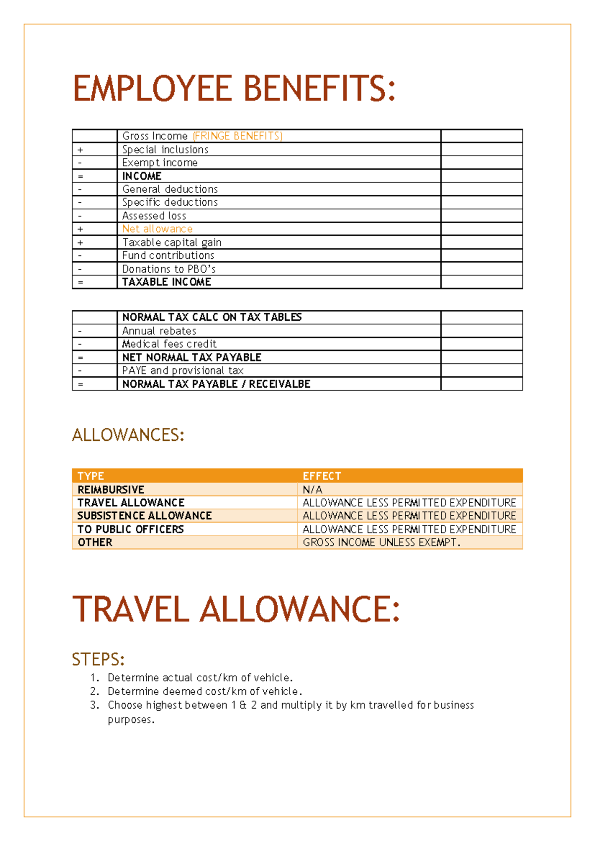Taxation Allowances Notes Summary: Employee Benefits Guide - Studocu