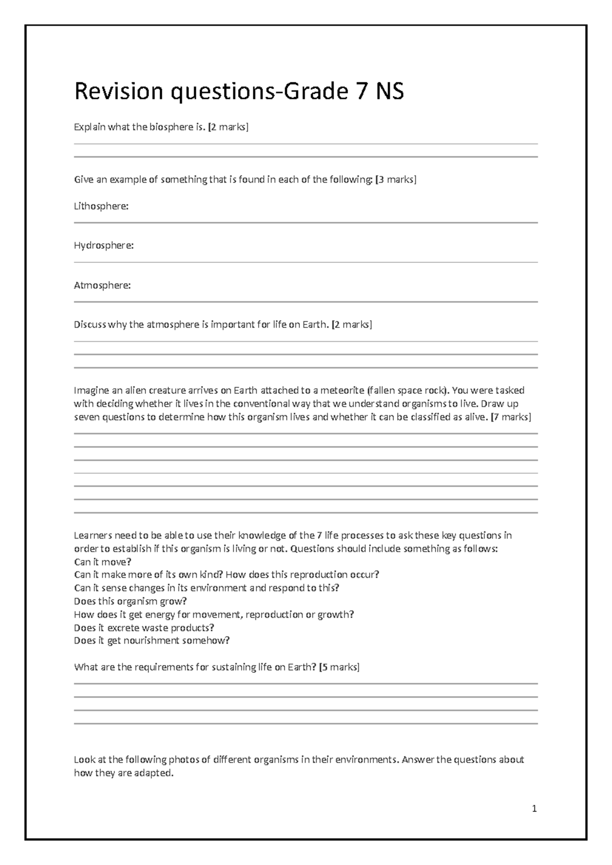 Grade 7 NS Term 2 Past Paper Practice: Biosphere & Organism ...