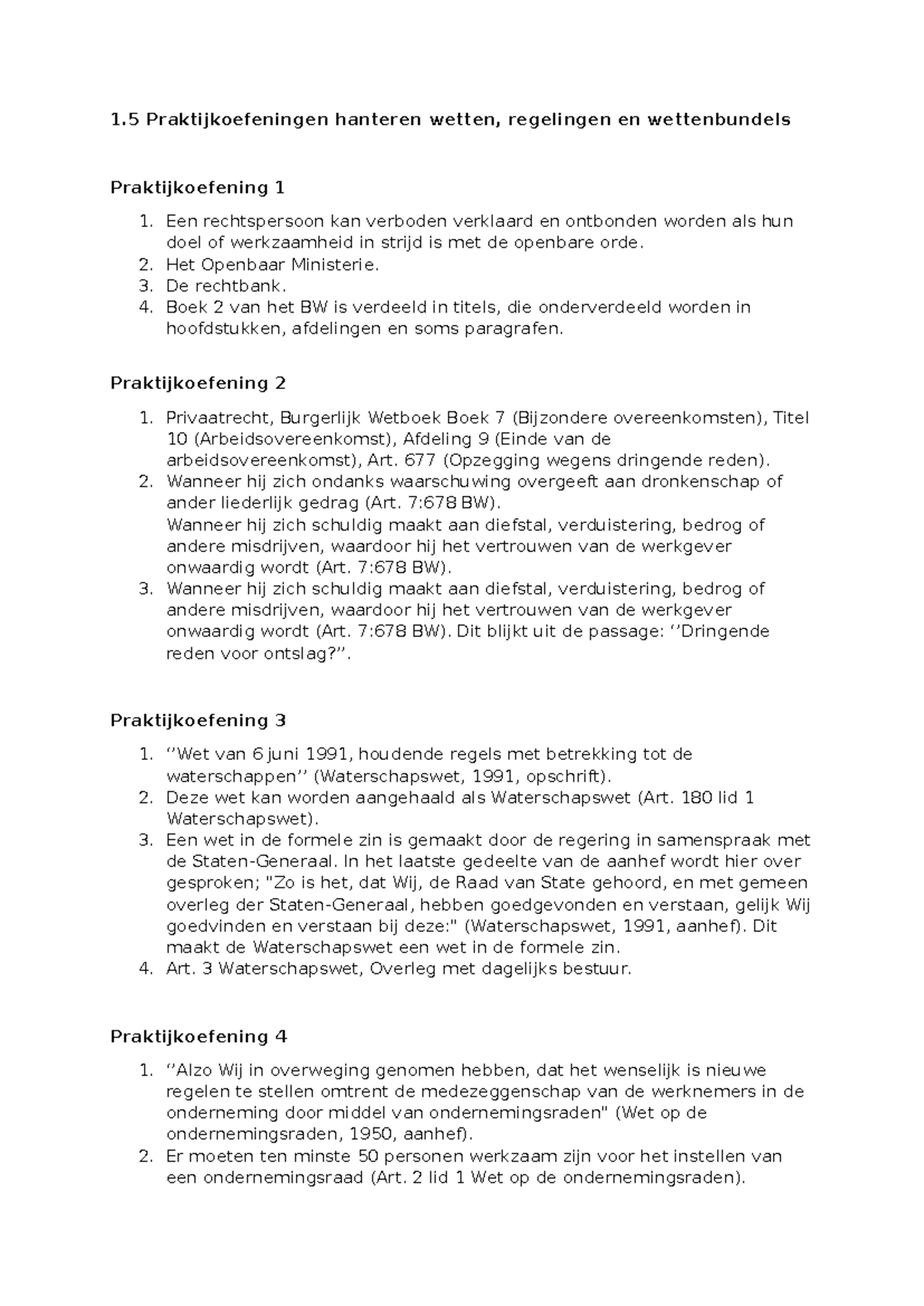 H1.5 Practijkoefeningen 1-6 - JurVa Wetten en Regelgeving - Studeersnel