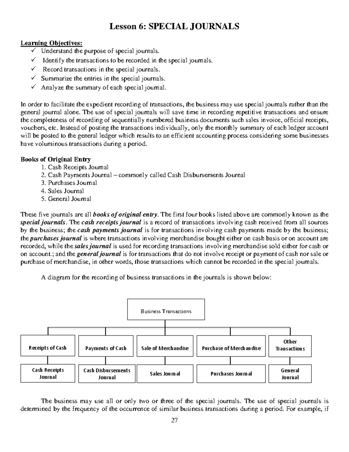Lesson 6 - Management - Lesson 6: SPECIAL JOURNALS Learning Objectives ...