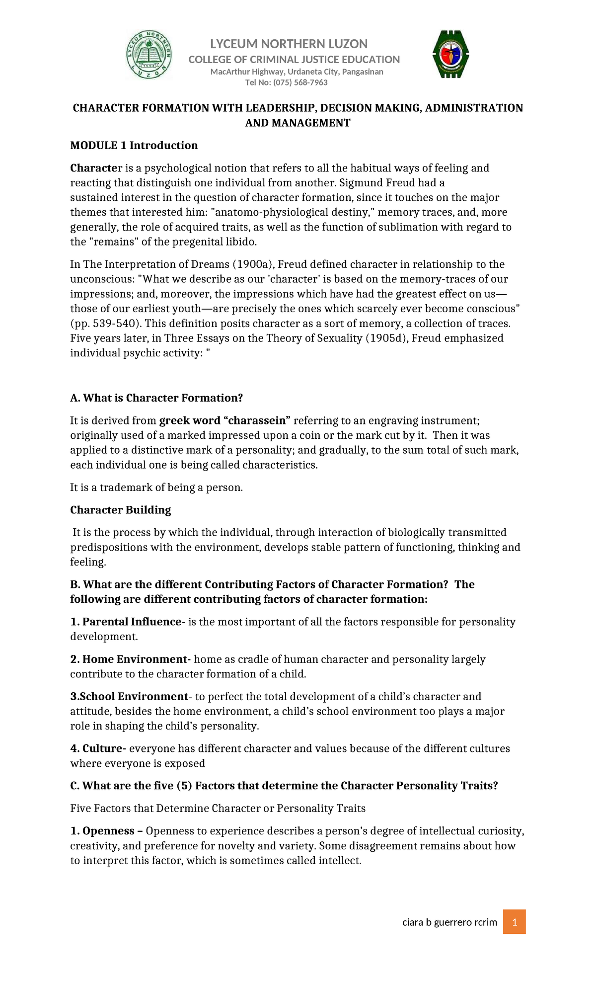 Character Formation and Leadership: Insights and Reflections (RCRIM 1 ...