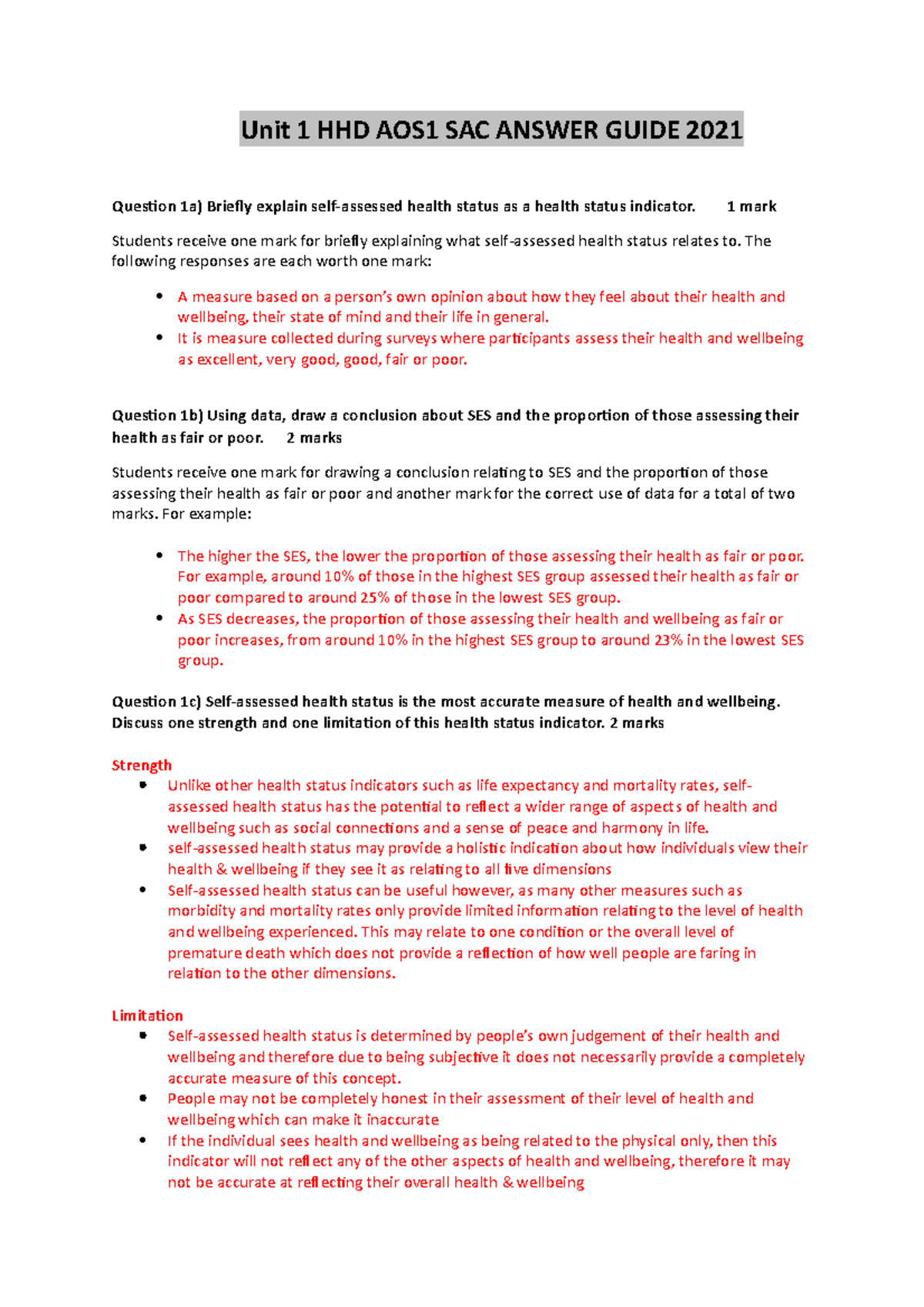 2021 Unit 1 Outcome 1 Marking Guide - Unit 1 HHD AOS1 SAC ANSWER GUIDE ...