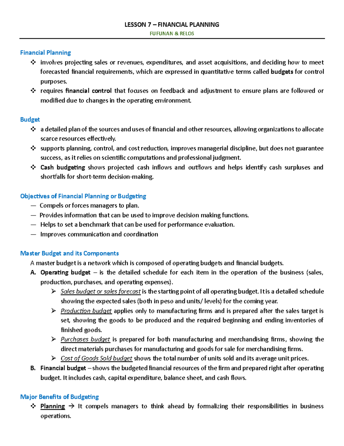 Lesson 7: Financial Planning and Budgeting Strategies - Studocu