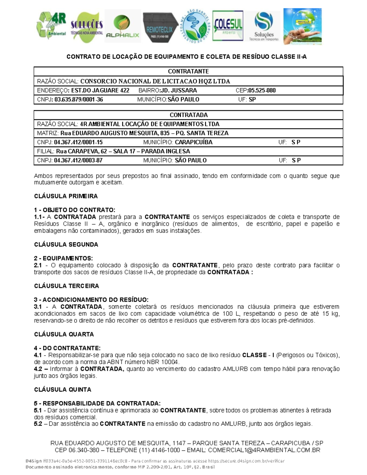 Contrato de Locação e Coleta de Resíduos Classe II A - 4R Ambiental ...