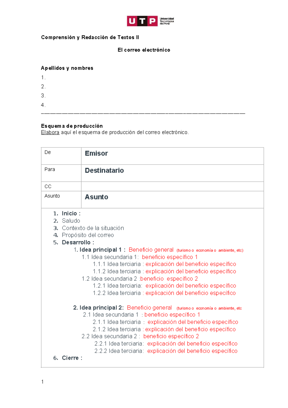Esquema Modelo de Correo Electrónico - Comprensión y Redacción II - Studocu