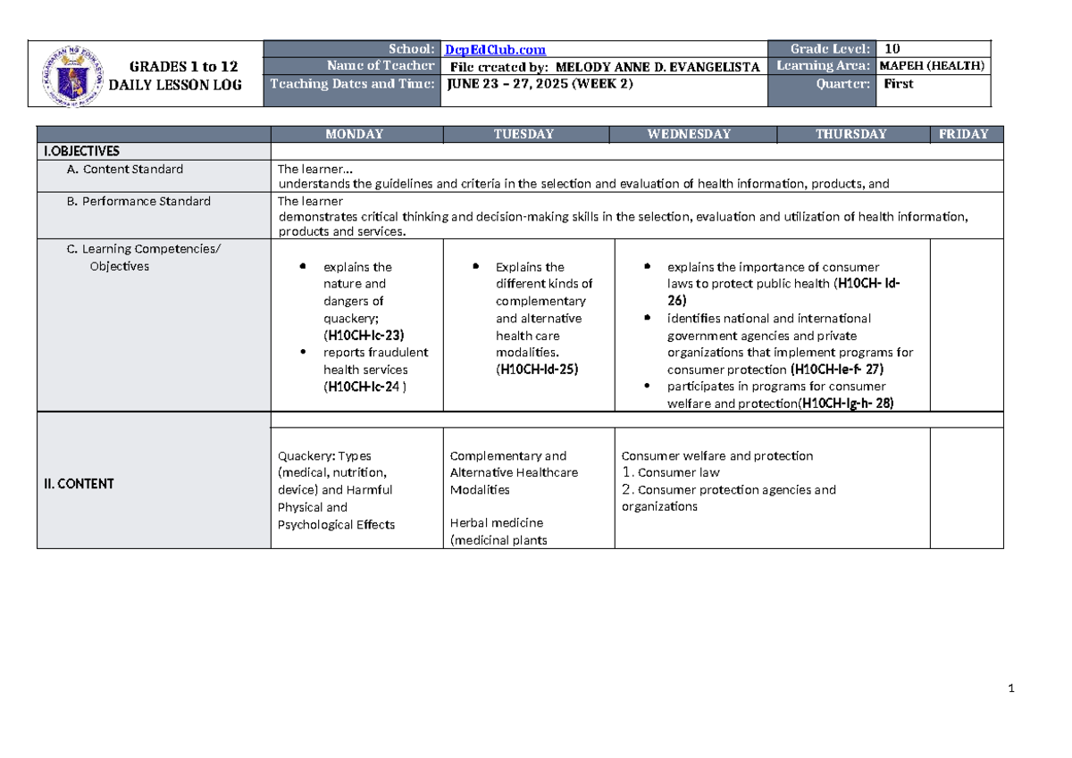 DLL MAPEH Health 10 Quarter 1 Week 2 Lesson Plan - Studocu