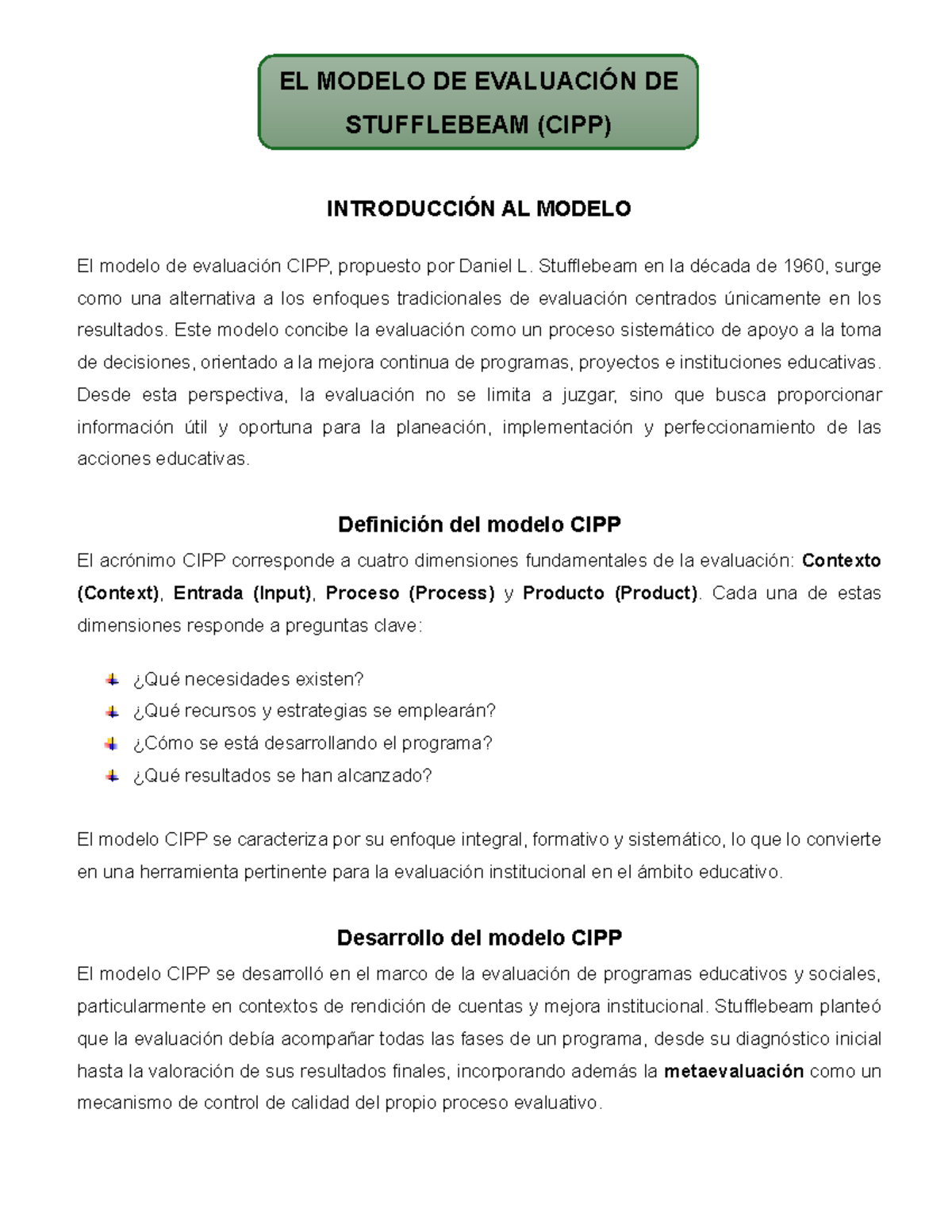 3) Modelo de Evaluación CIPP de Stufflebeam: Introducción y ...