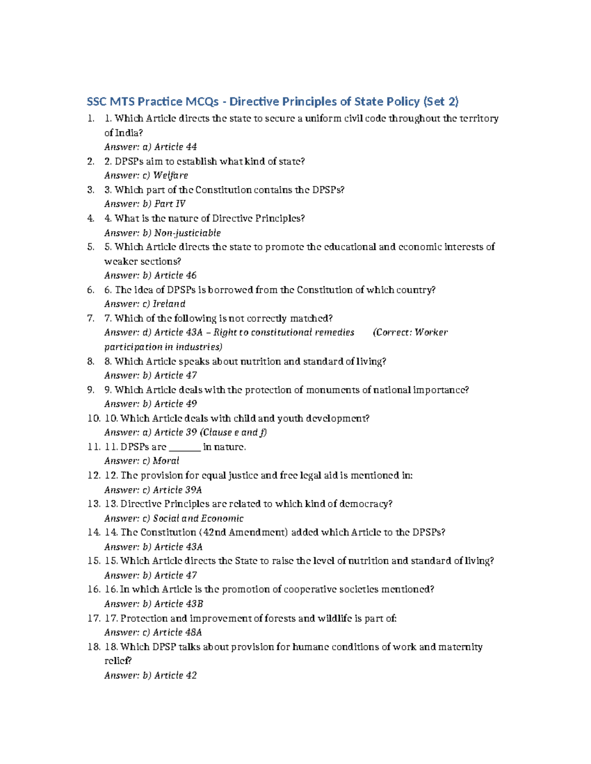 SSC MTS Practice MCQs on Directive Principles of State Policy (Set 2 ...