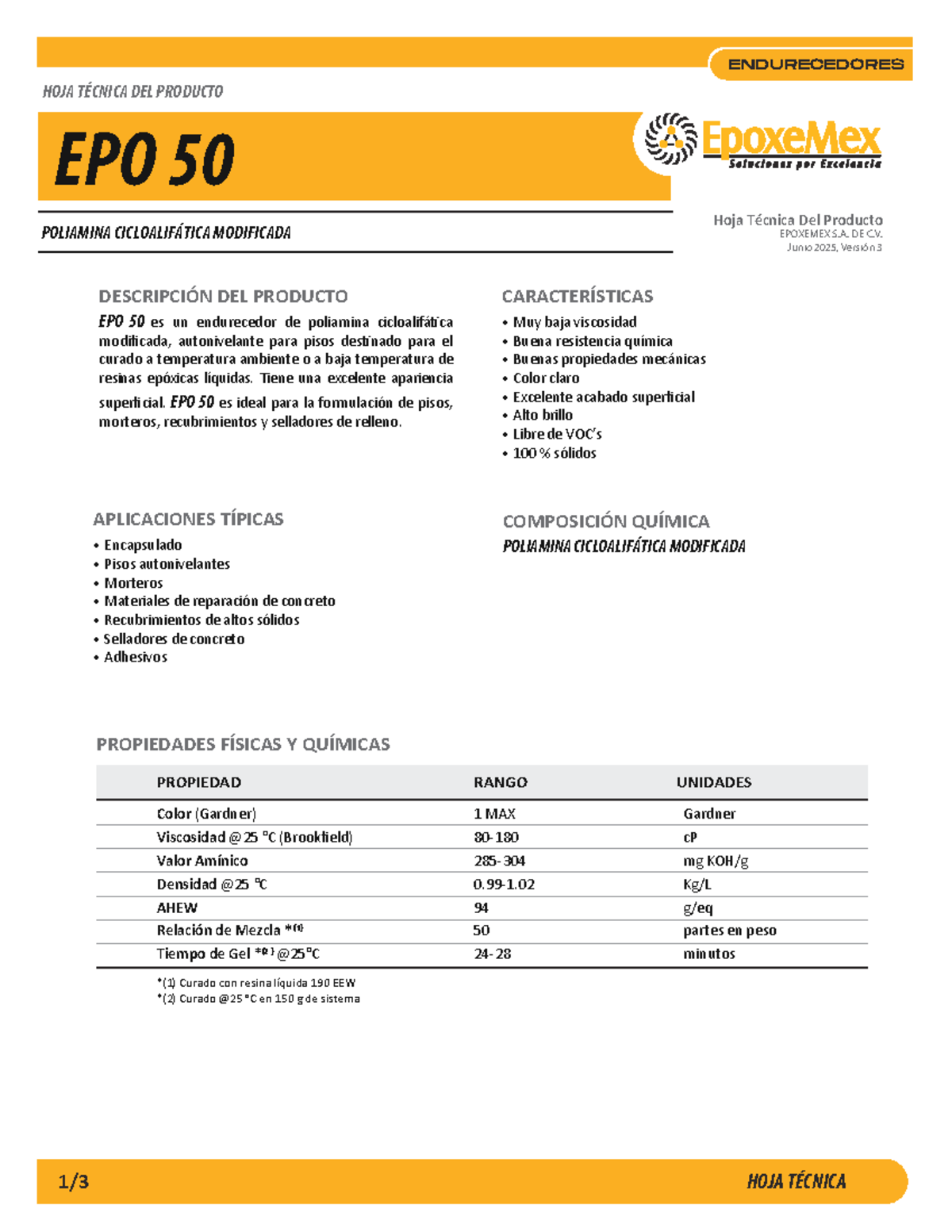 Hoja Técnica EPO 50: Endurecedor de Poliamina Cicloalifática - Studocu