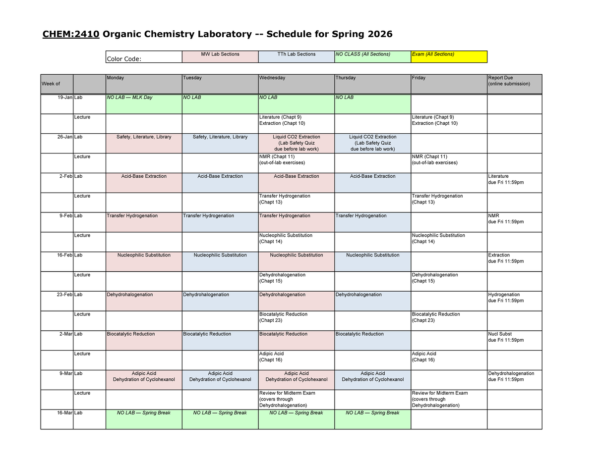 CHEM:2410 Organic Chemistry Lab Schedule - Spring 2026 - Studocu