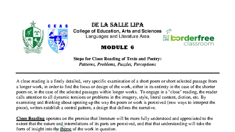 MODULE 6: Steps for Close Reading of Texts and Poetry - Studocu