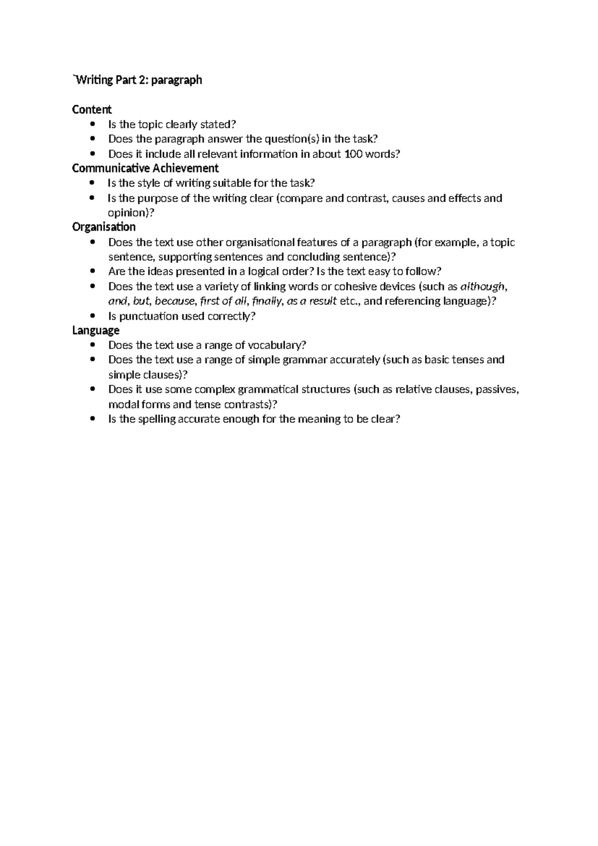 Checklist for Paragraph Writing: Content, Achievement, Org. & Language ...