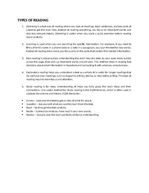 5 Types OF Reading - 5 TYPES OF READING 1. Skimming involves reading by ...