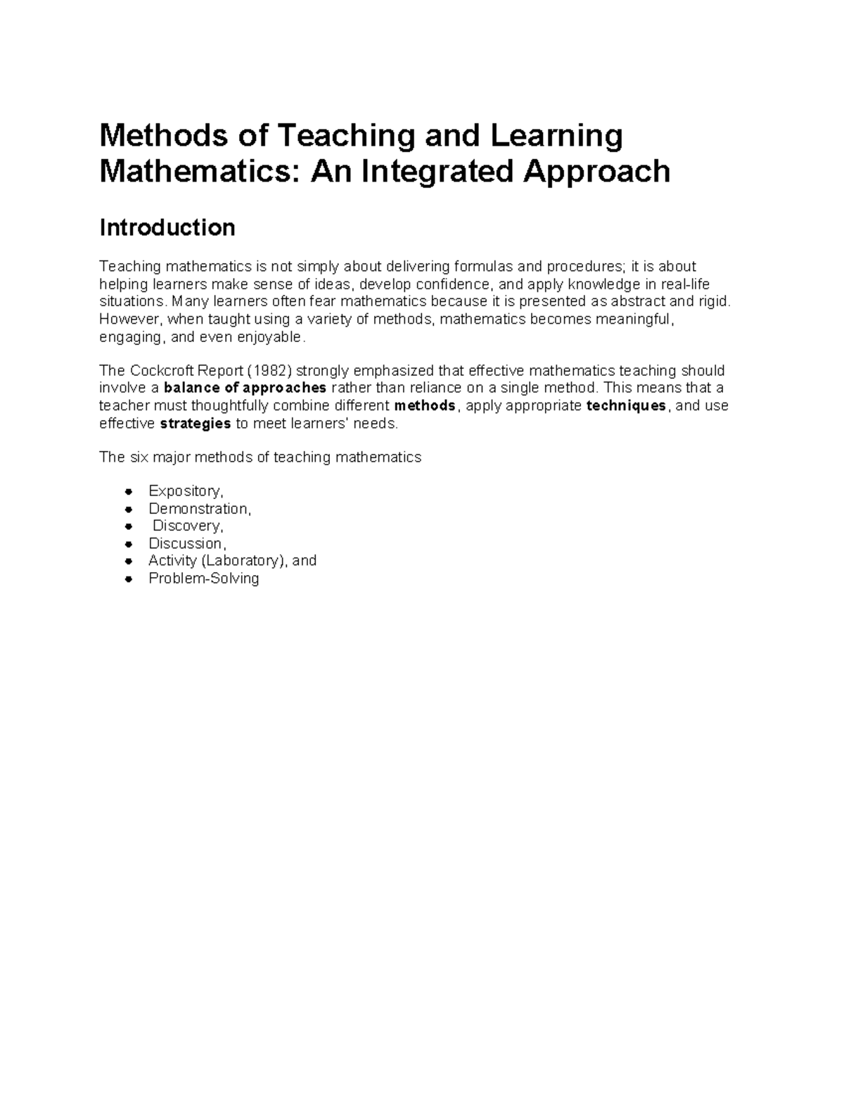 Methods of Teaching Mathematics: An Integrated Approach (EDU 101) - Studocu