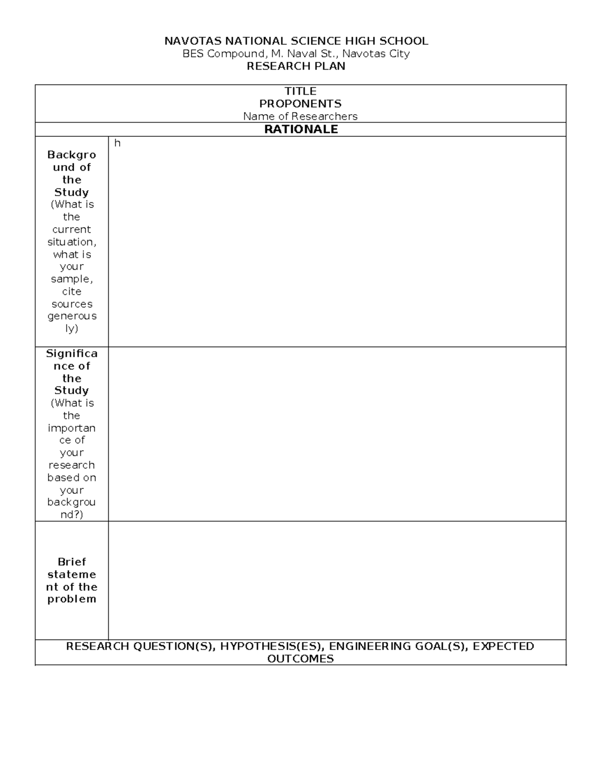 Research-Plan-Template-1 - NAVOTAS NATIONAL SCIENCE HIGH SCHOOL BES ...