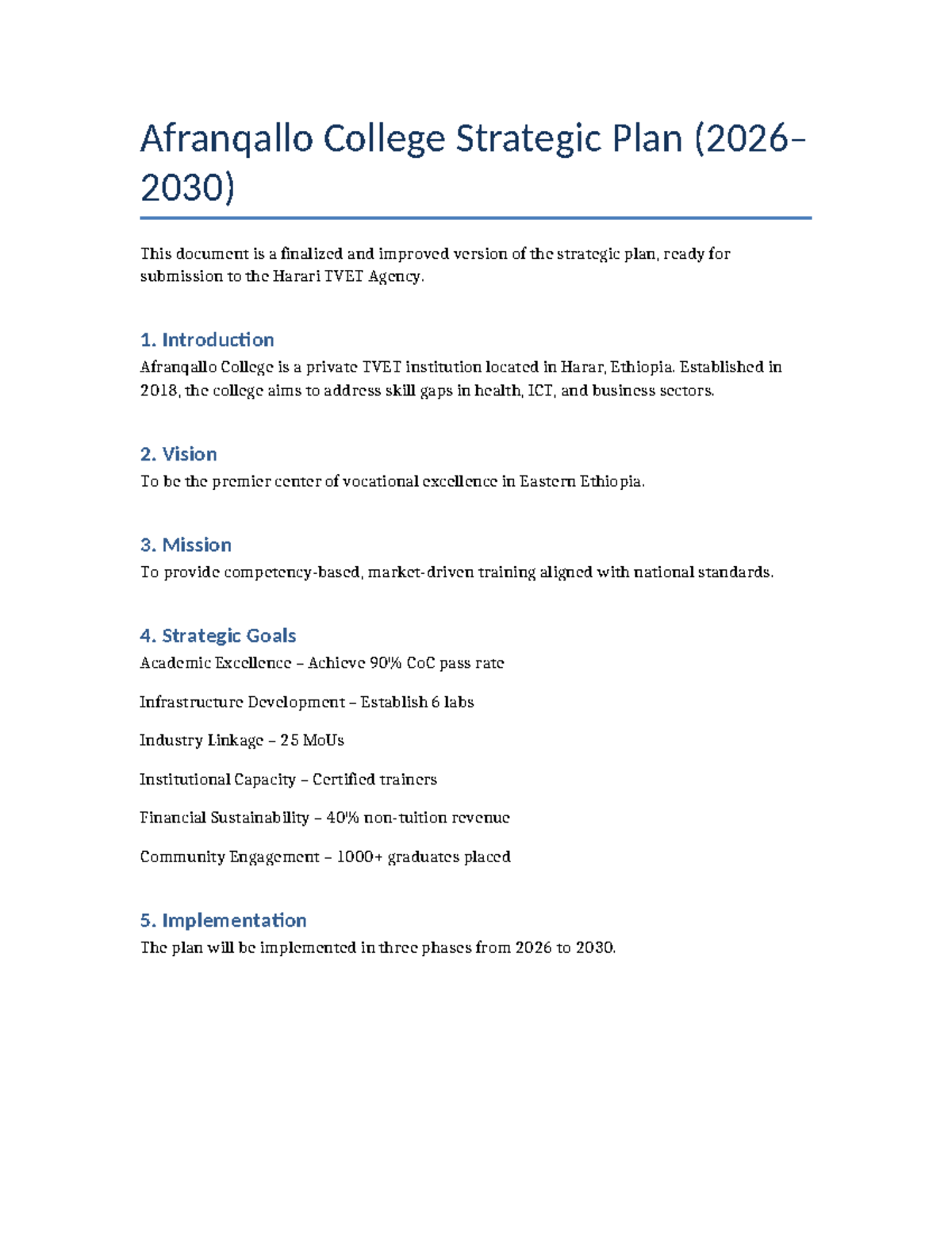 Afranqallo College Strategic Plan 2030: Final Version for Submission ...