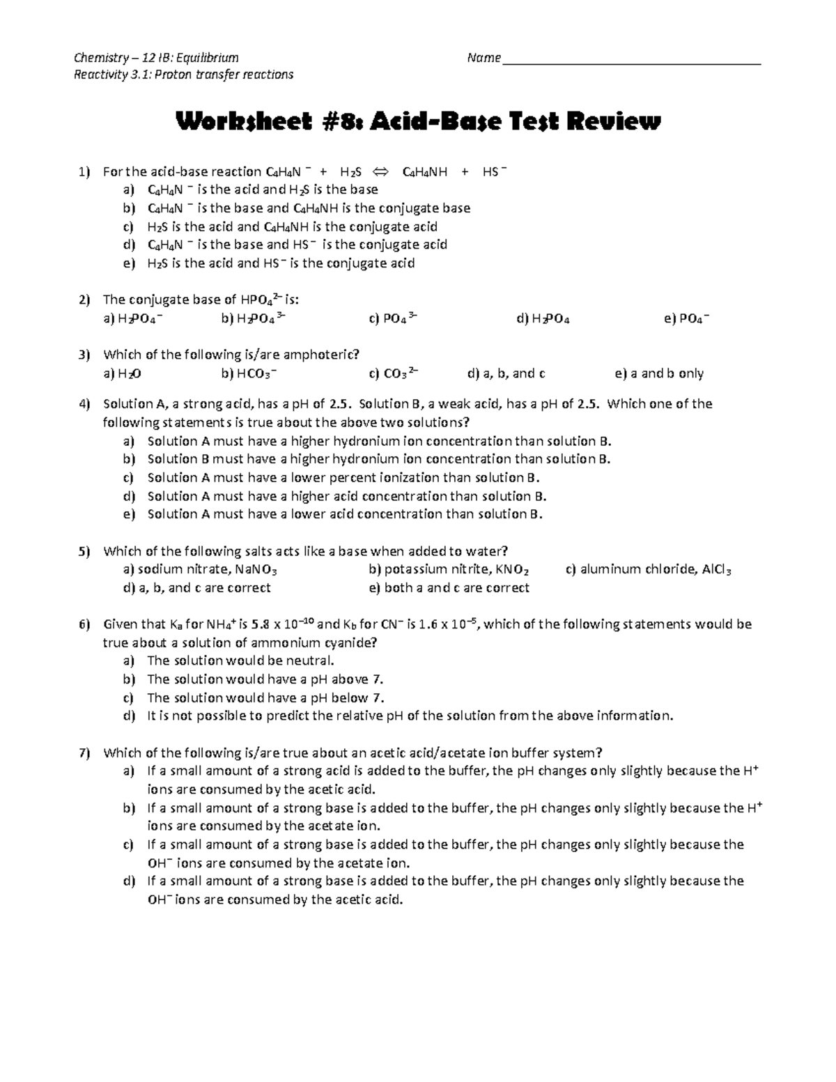 Chemistry 12 IB: Equilibrium Reactivity 3.1 - Acid-Base Test Review ...