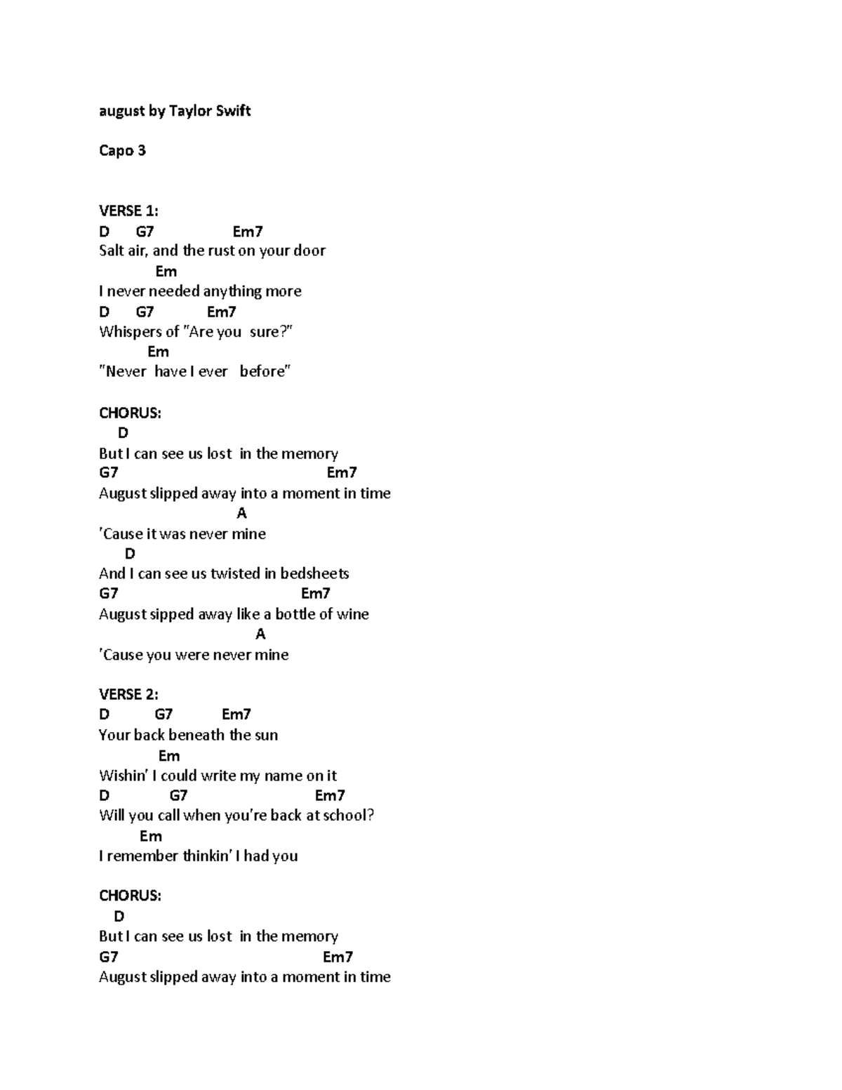 August+tab - guitar chords - august by Taylor Swift Capo 3 VERSE 1: D ...