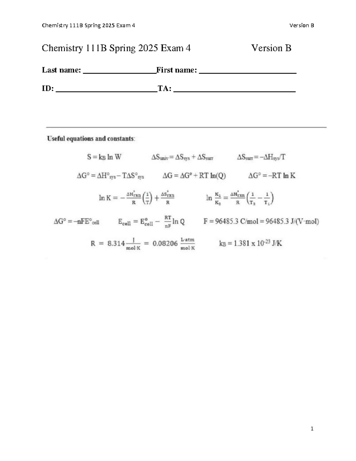 111B Spring 2025 Exam 4 version B key - Chemistry 111B Spring 202 5 ...